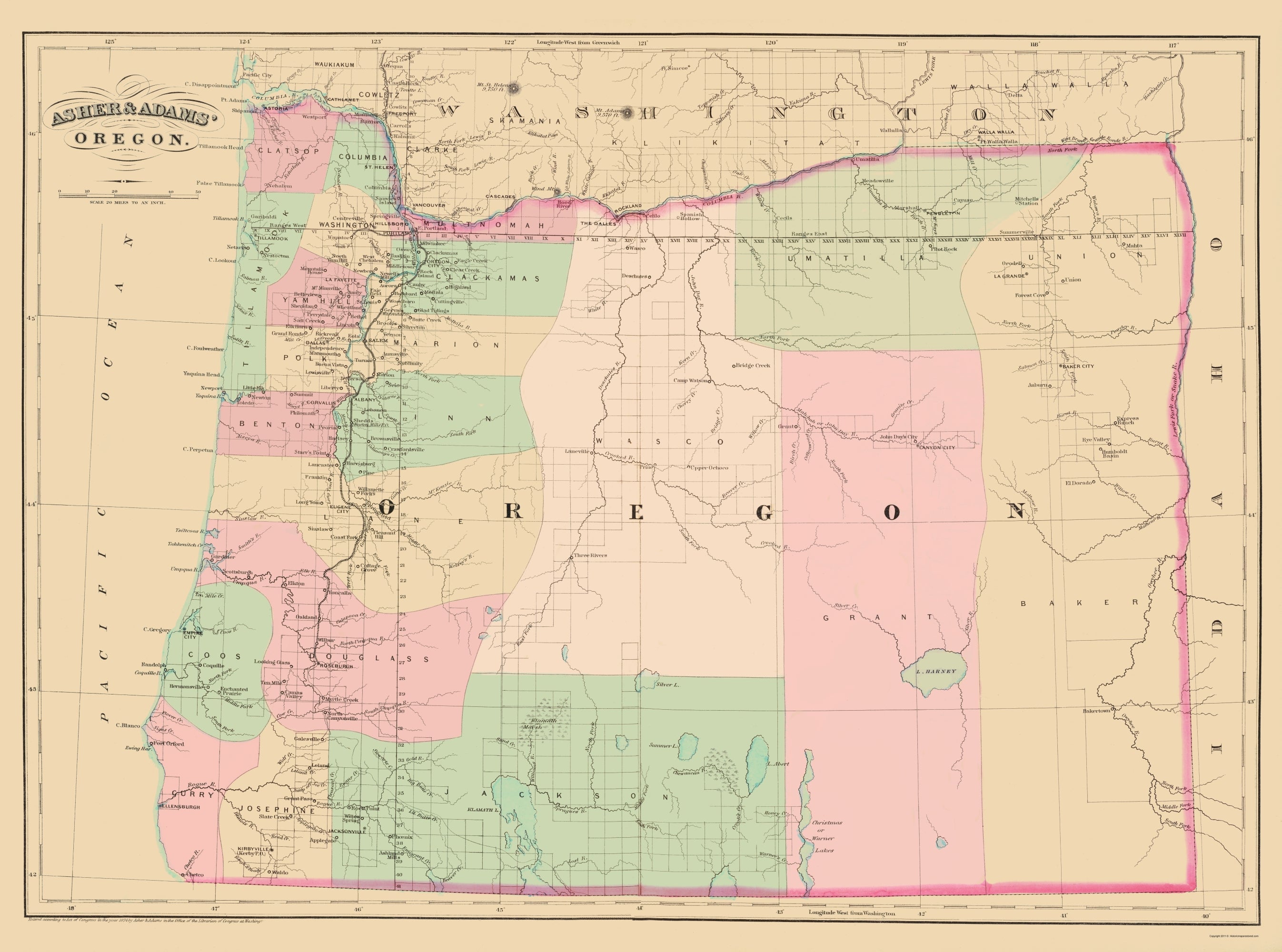 Historic State Map - Oregon - Asher and Adams 1874 - 23 x 30.97 ...