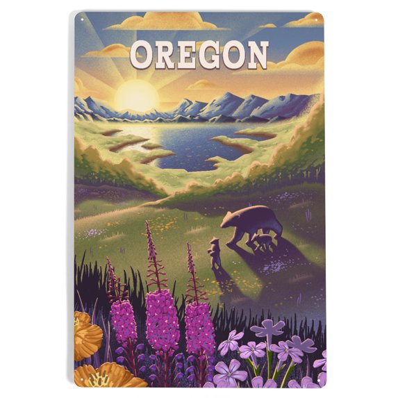 Oregon, Bear and Spring Flowers, Lithograph (12x18 Aluminum Art, Indoor ...