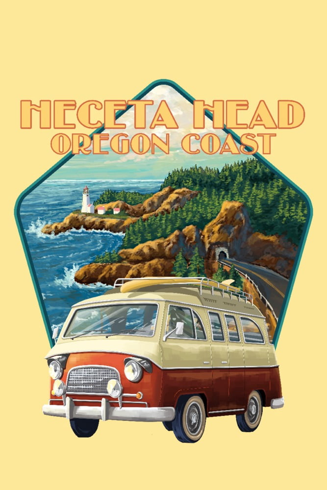 Oregon Coast, Heceta Head Lighthouse, Camper Van, Contour (24x36 Giclee ...