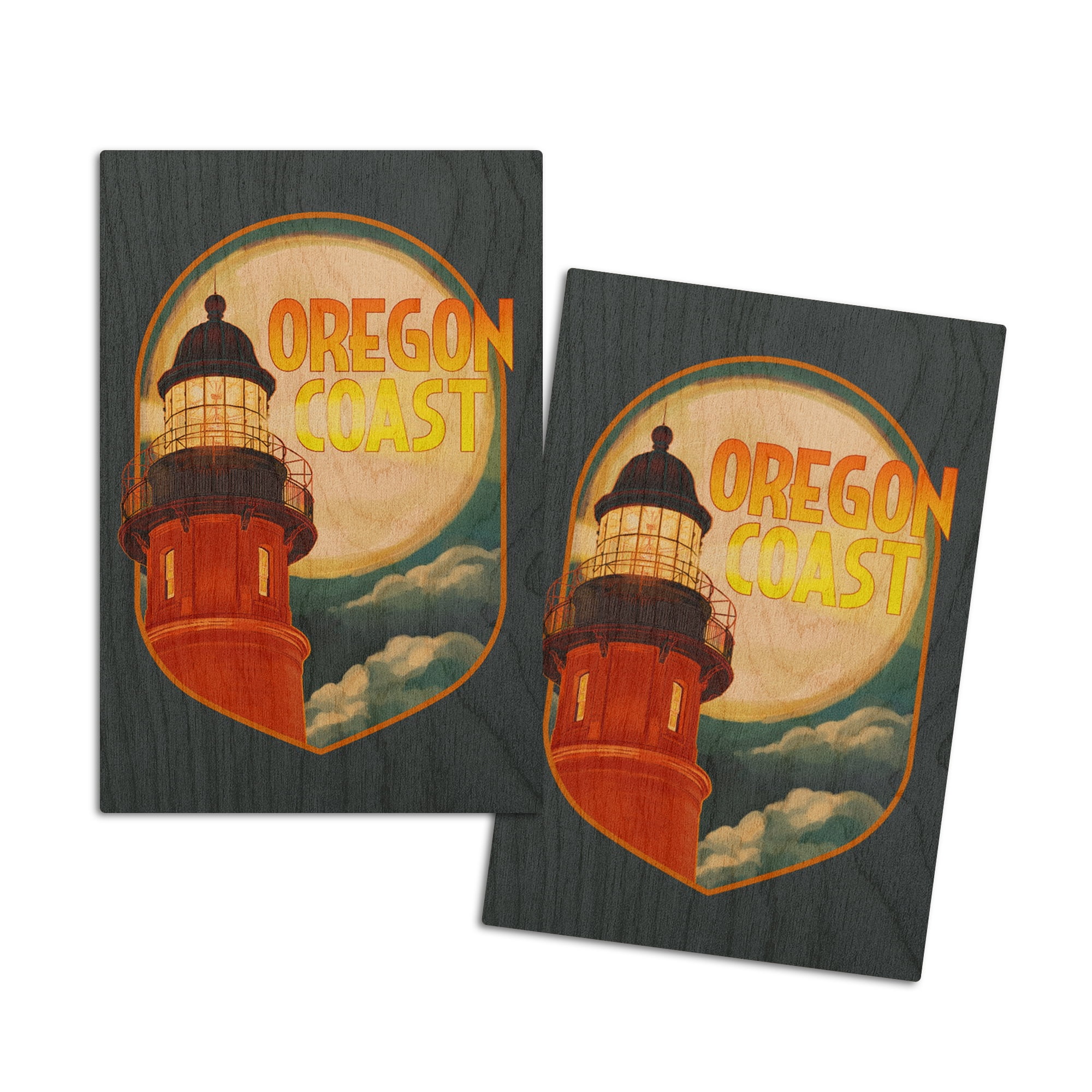 Oregon Coast, Oregon, Lighthouse and Moon, Contour (4x6 Birch Wood ...