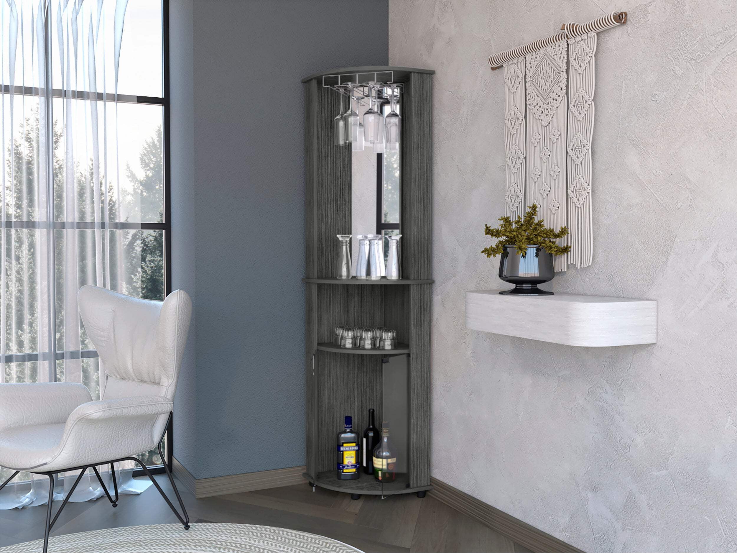 Oregon Corner Bar Cabinet, 3 Tier Shelf With Glass Rack Vertical 3 4 ...