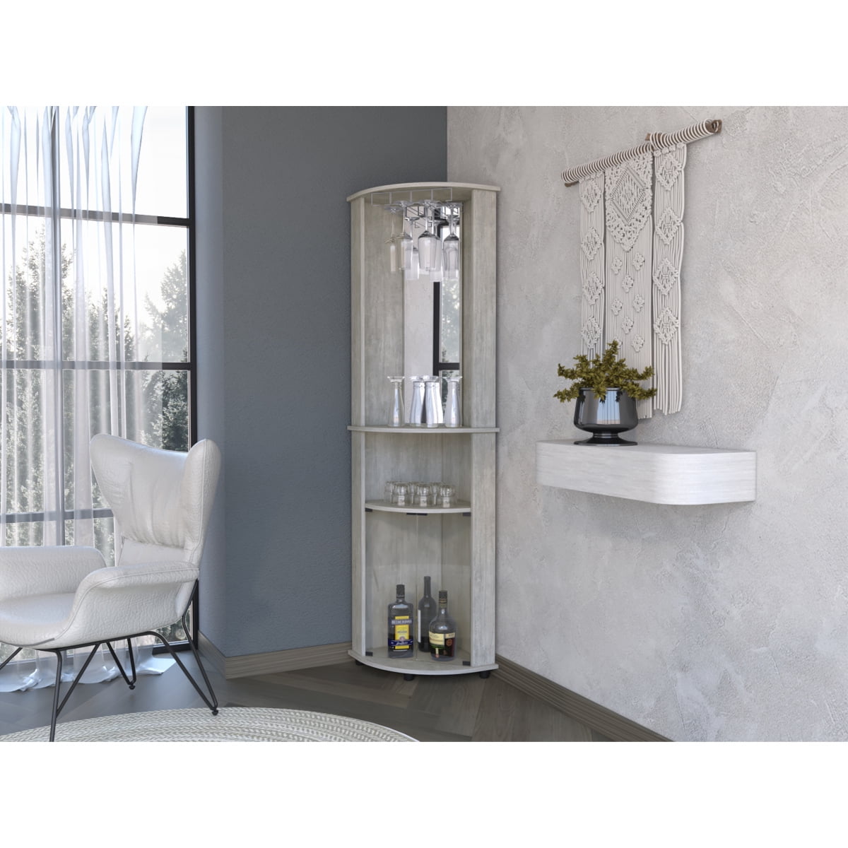 Oregon Corner Bar Cabinet with Glass Rack - Gray 3-Tier Shelf for ...