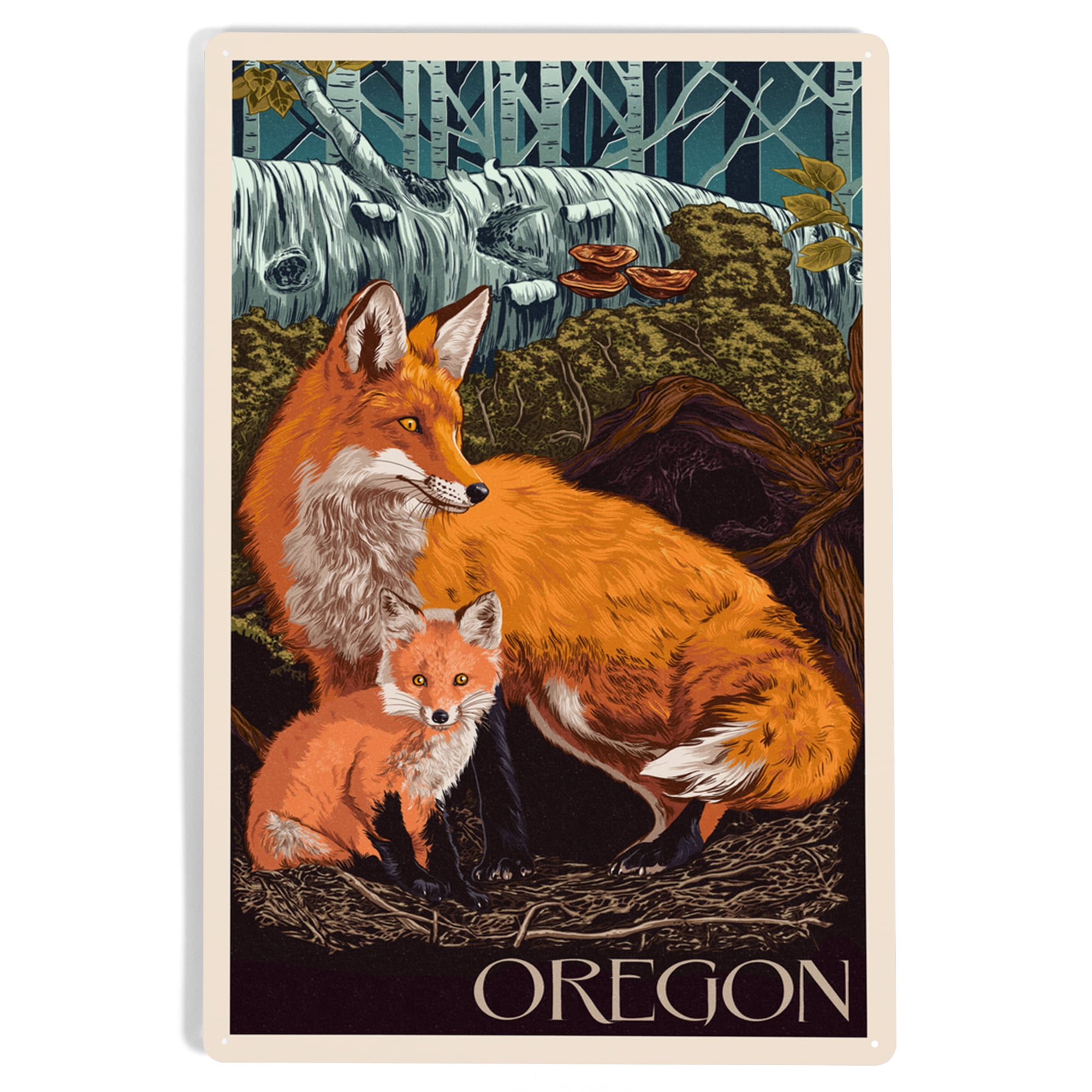 Oregon, Fox and Kit, Letterpress (12x18 Aluminum Art, Indoor Outdoor ...