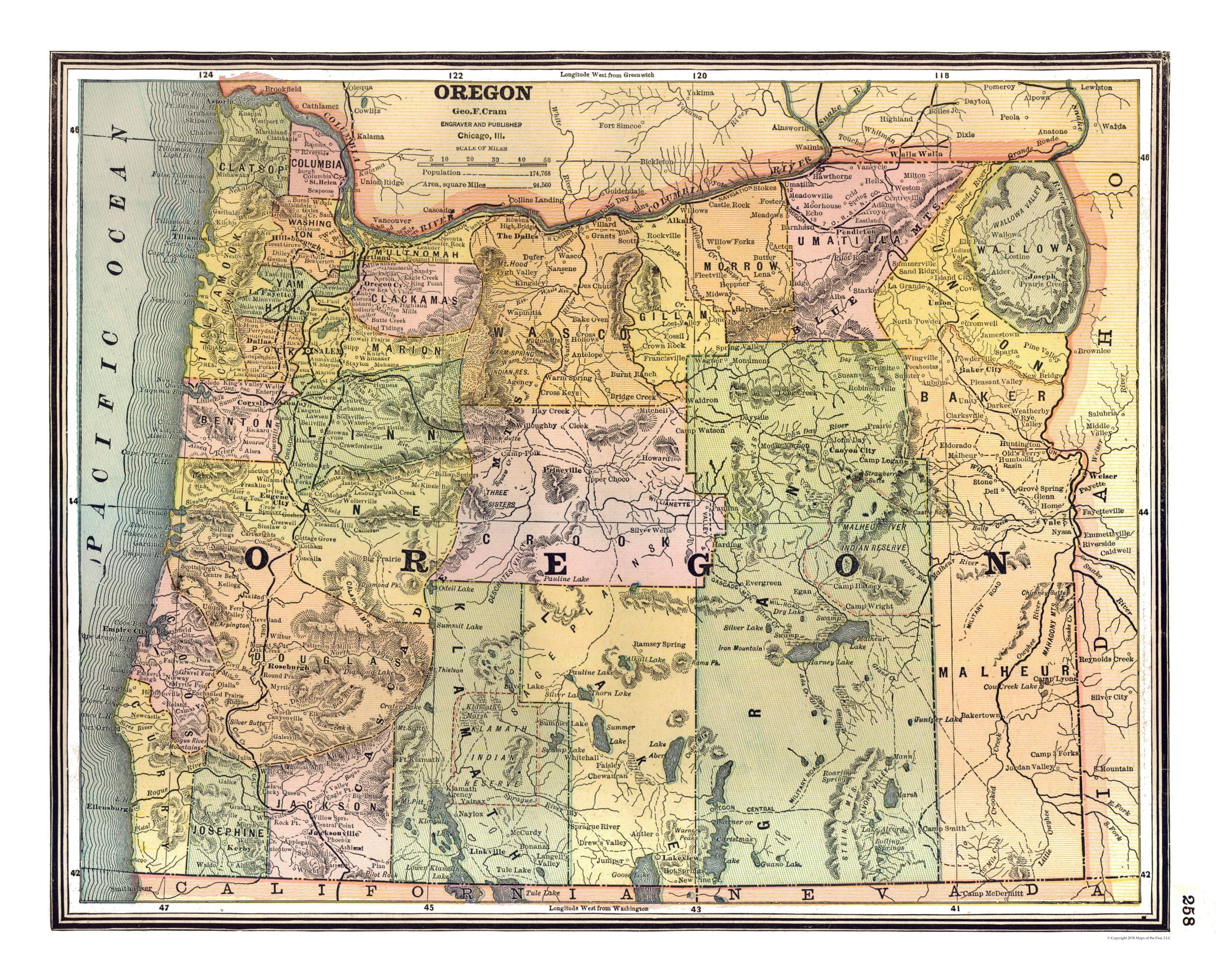 Historic State Map - Oregon - Johnson 1888 - 28.52 x 23 - Vintage Wall ...