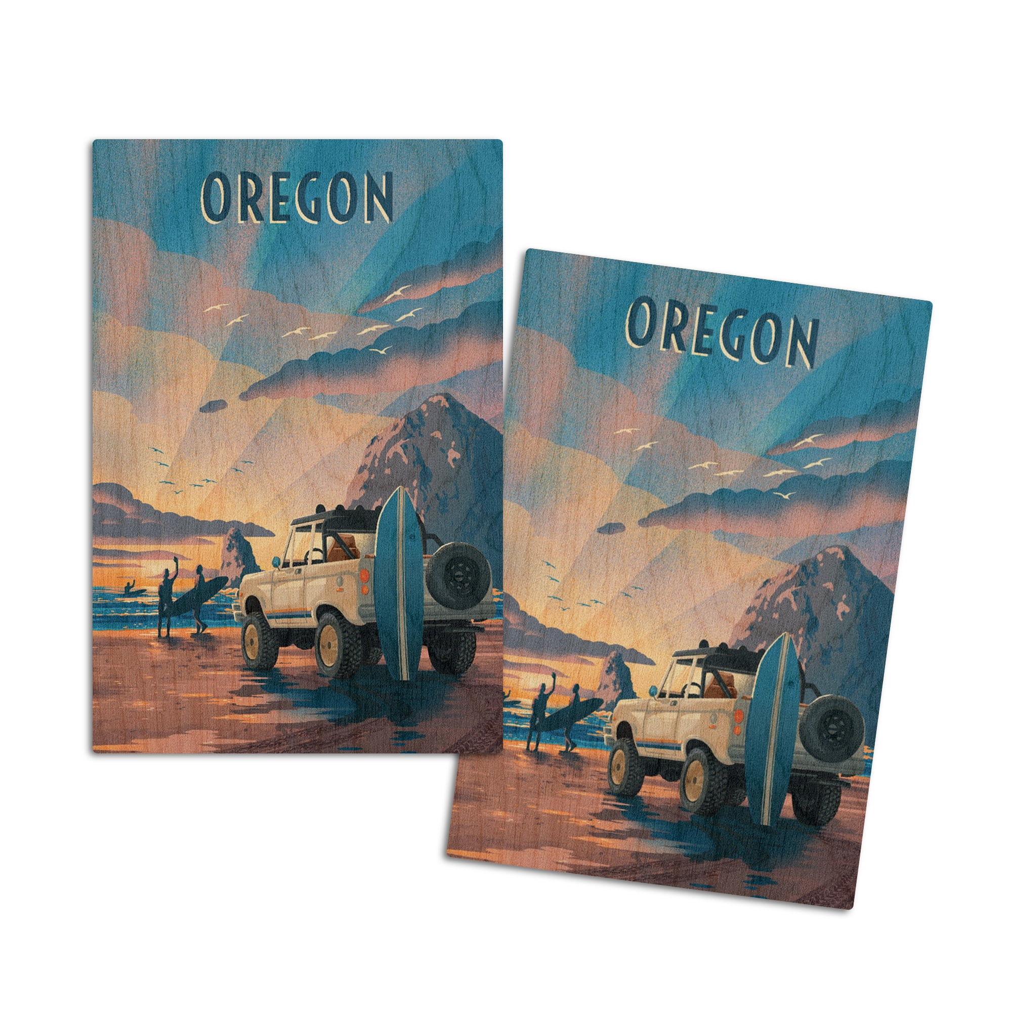 Oregon, Lithograph, Surfers on Beach (4x6 Birch Wood Postcards, 2-Pack ...