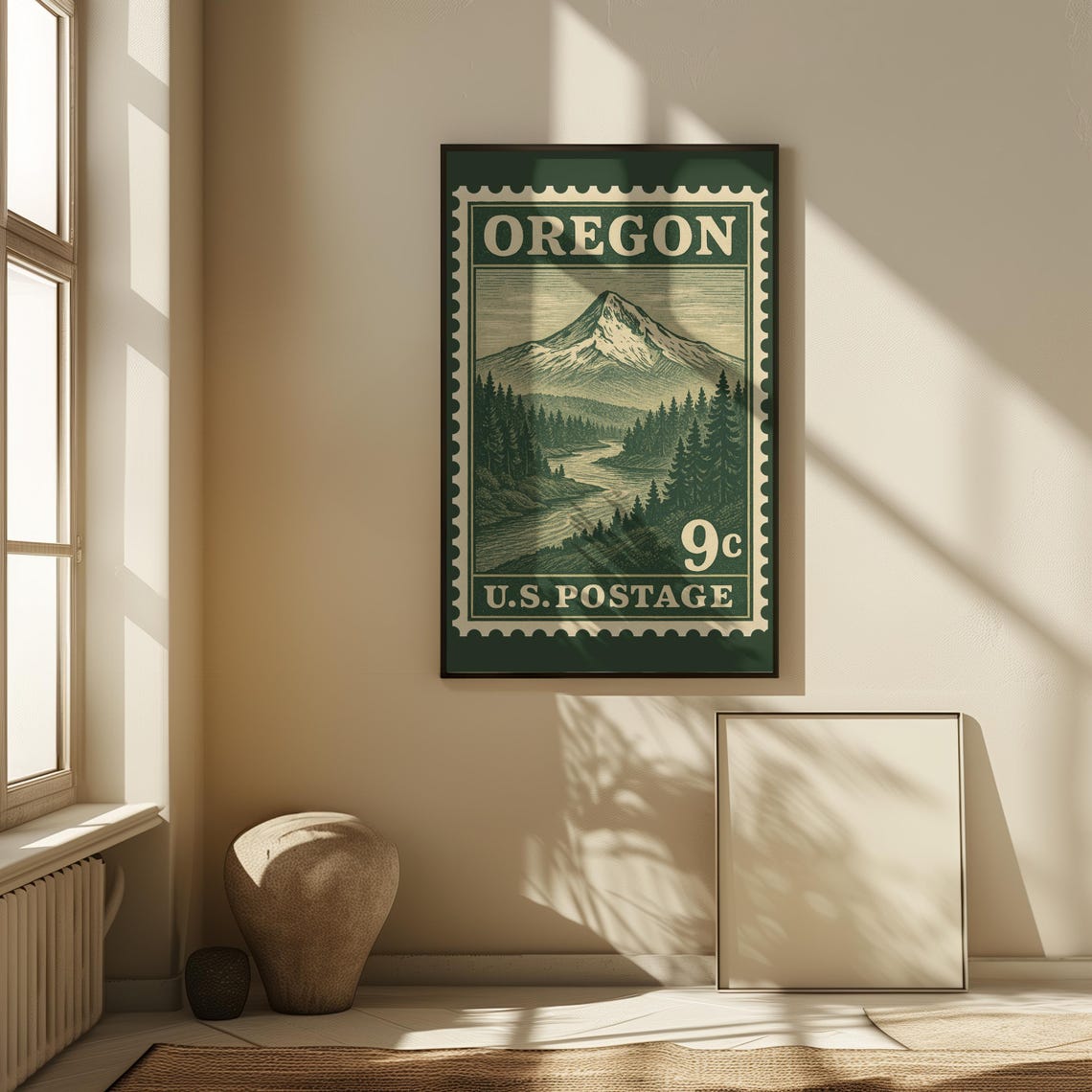 Oregon Postage Stamp Print, Mount Hood Retro Wall Art, Forest & River ...