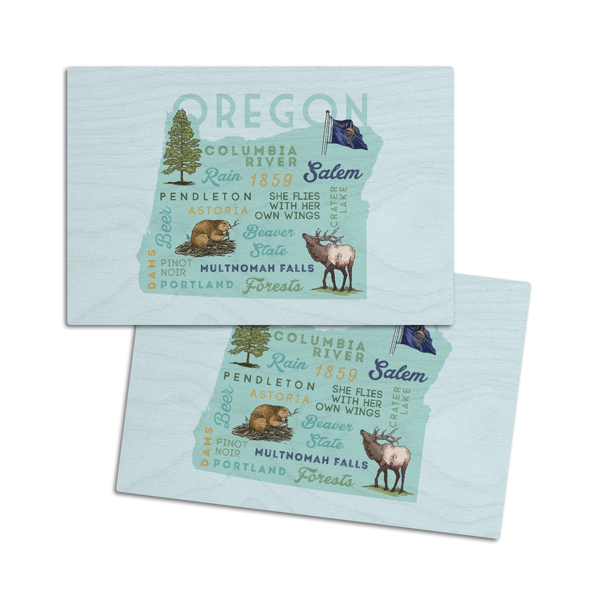 Oregon Typography and Icons, Contour (4x6 Birch Wood Postcards, 2-Pack ...