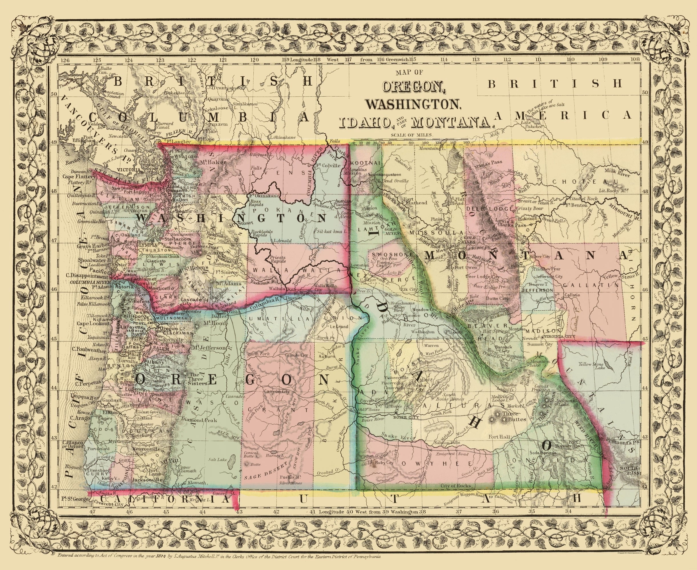 Historic State Map - Oregon Washington Idaho Montana - Mitchell 1870 ...