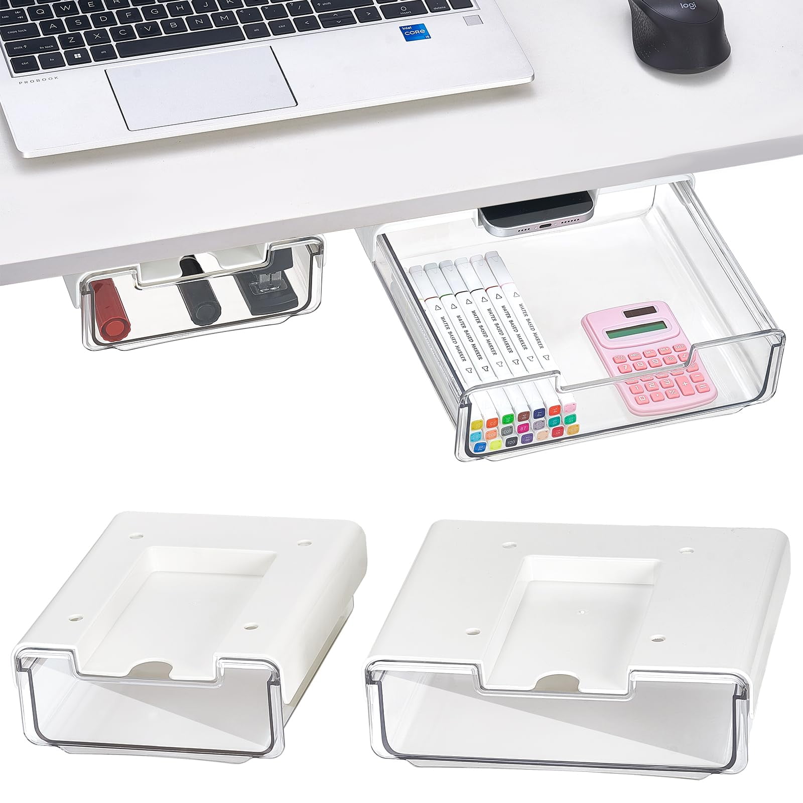 OrgaFocus 2 Pack Under Desk Hanging Drawer Slide Out, Attachable Clear ...