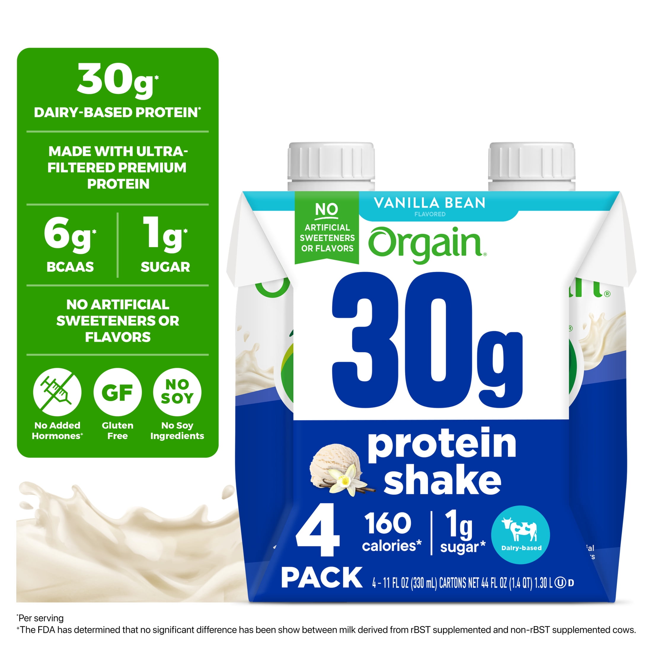 Orgain 30g Protein Shake, Dairy Based, Vanilla Bean 11oz, 4ct - Walmart.com