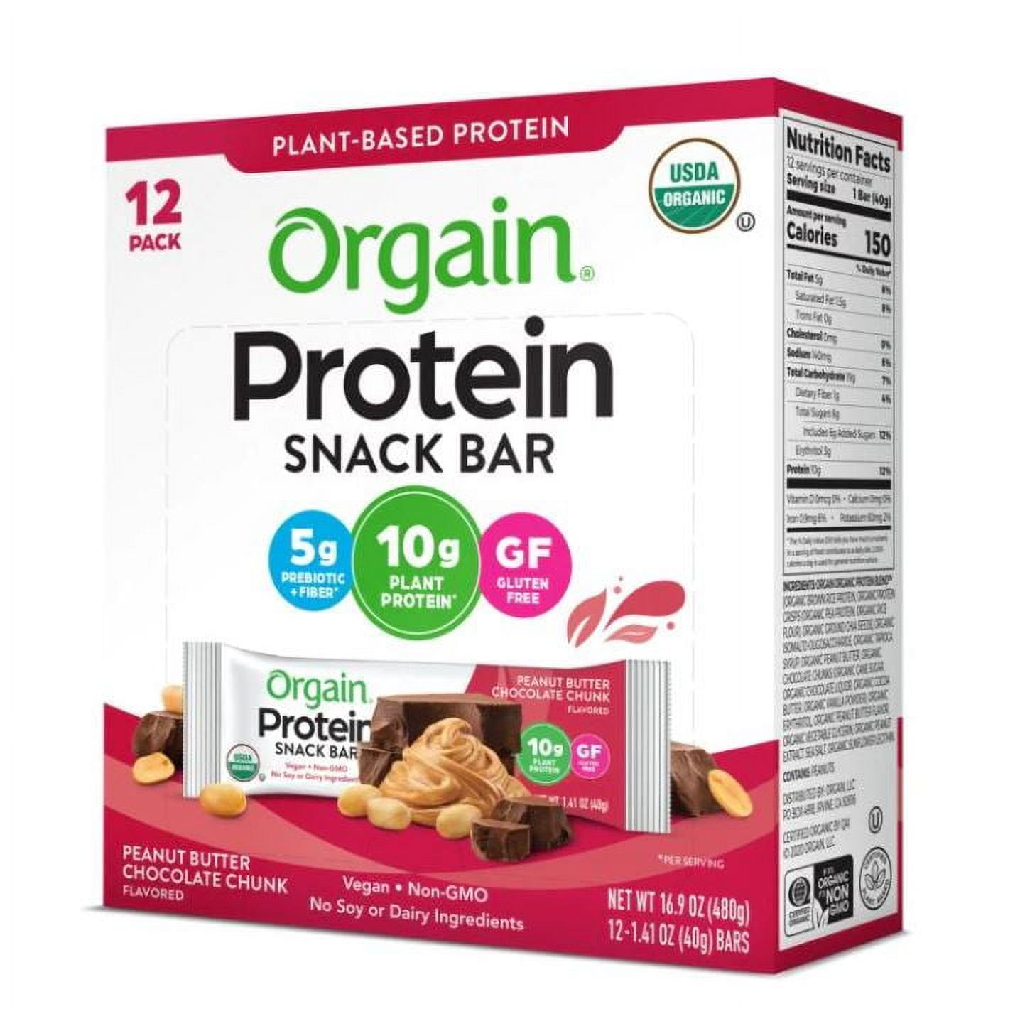 Orgain Organic Protein Snack Bars, Peanut Butter Chocolate Chunk, 12-1. ...