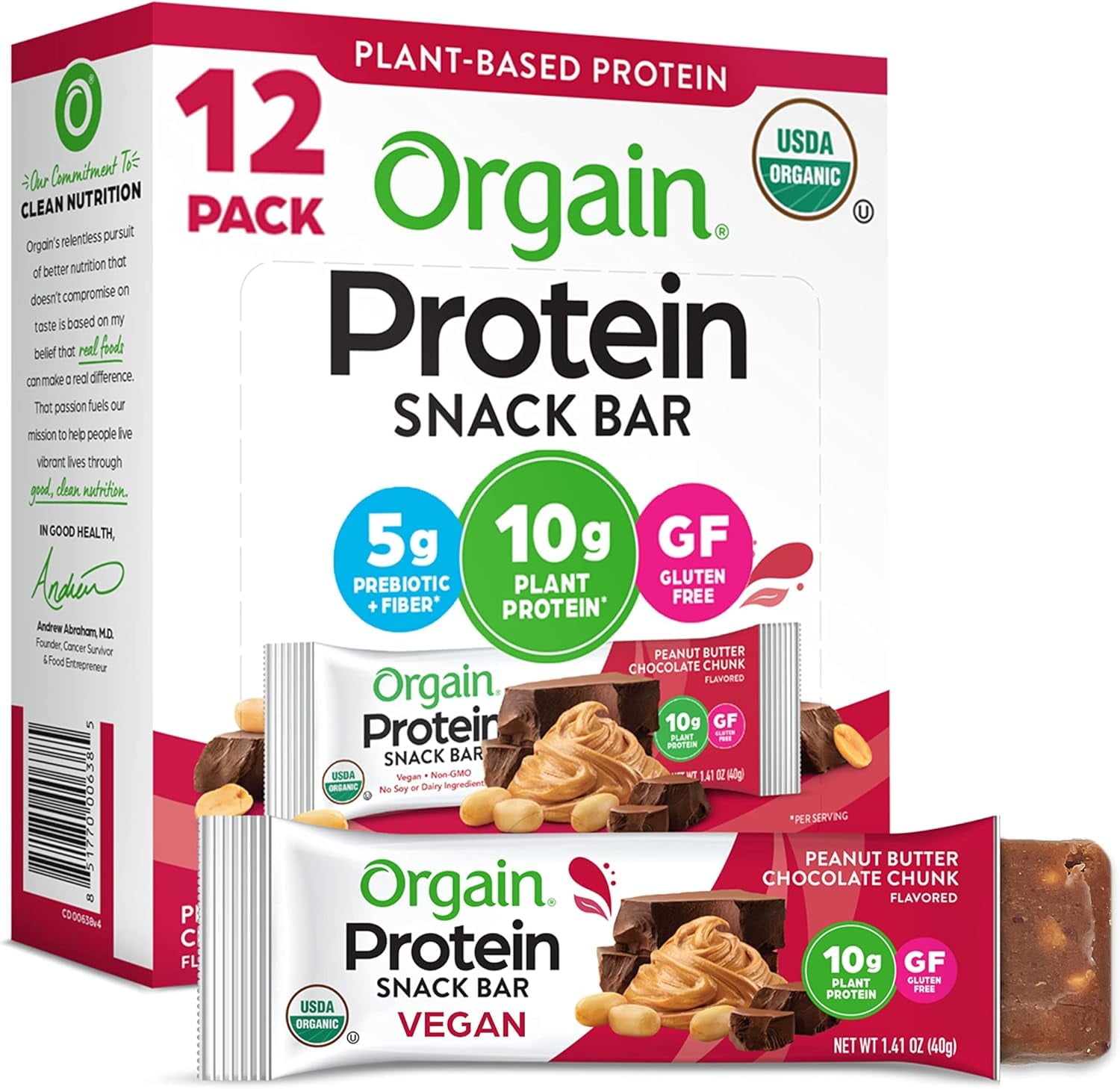 Orgain Organic Vegan Protein Bars, Peanut Butter Chocolate Chunk - 10g ...