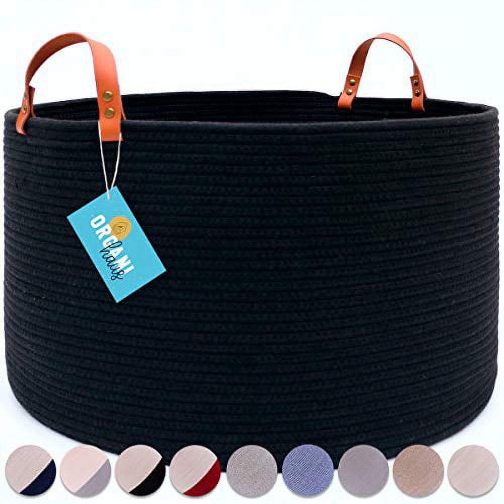 OrganiHaus XXL Cotton Rope Basket with Real Leather Handles | Wide 20 ...