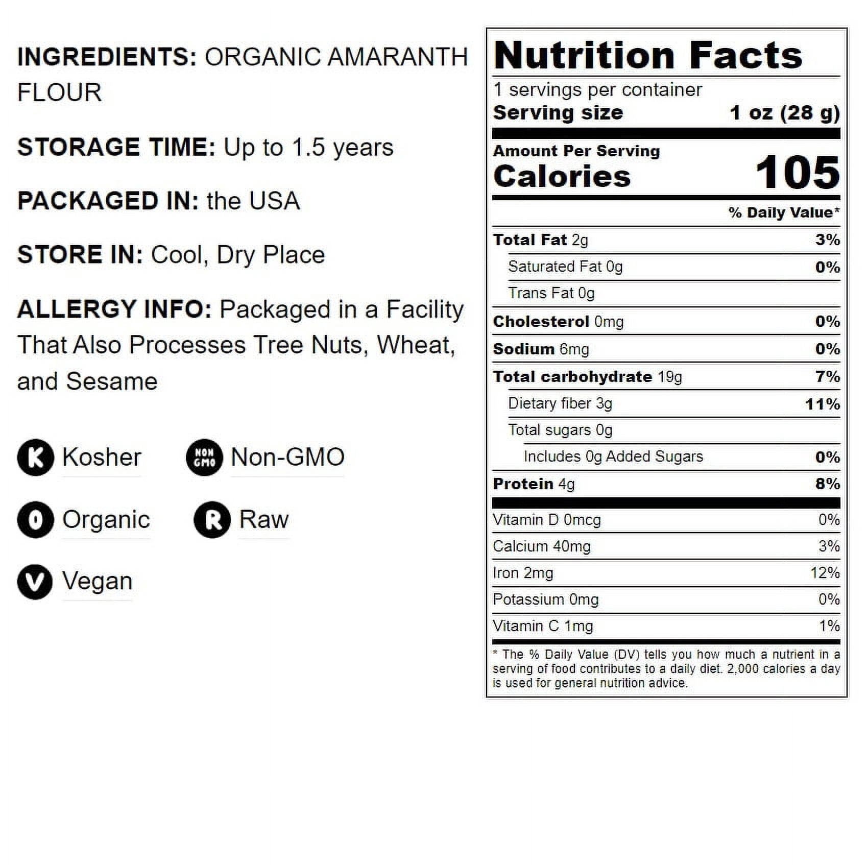 Organic Amaranth Flour, 1 Pound — Non-GMO, Kosher, Raw, Vegan — by Food ...