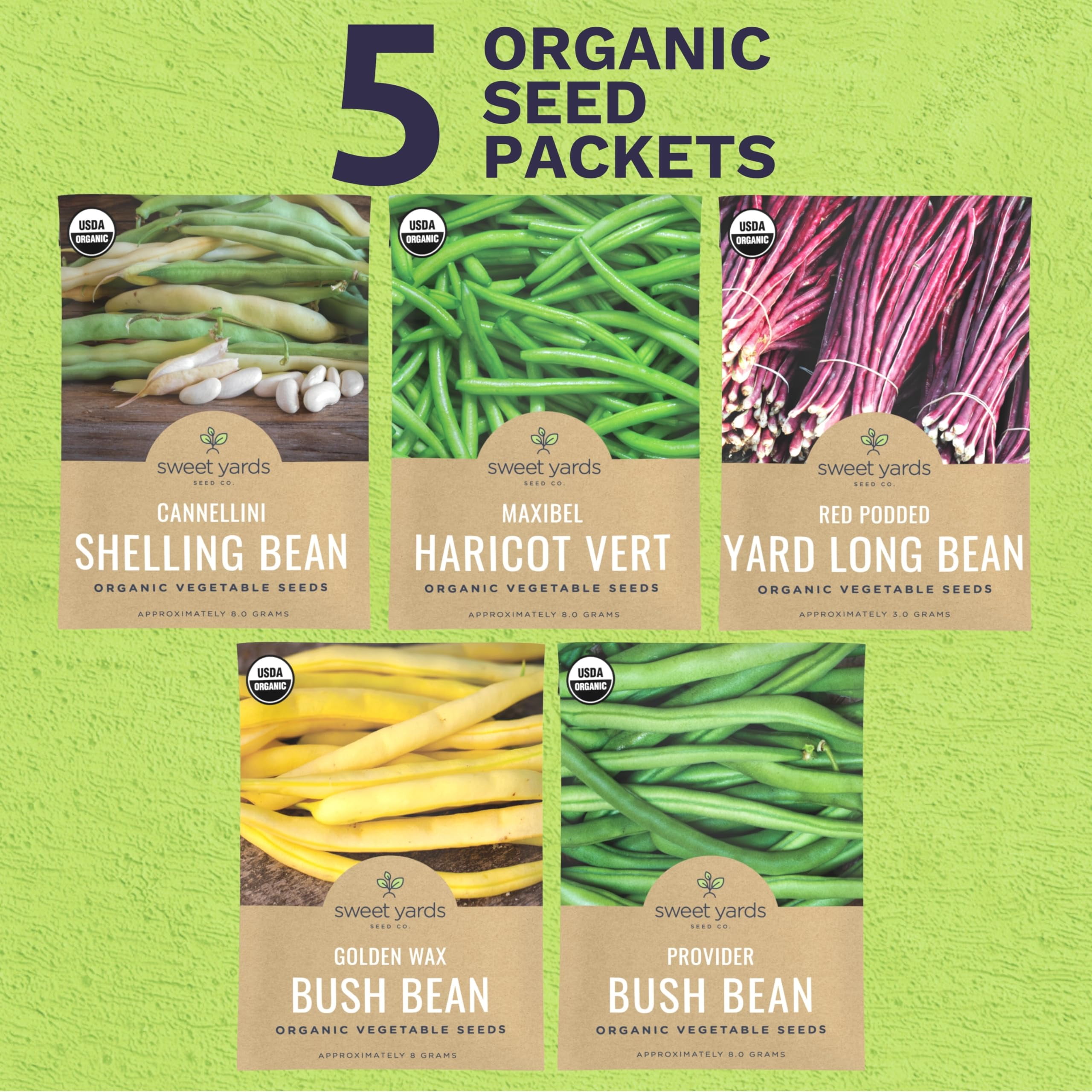 Organic Bean Seeds AJH3 Variety Pack - 5 Individual Packs - 2025 Season ...