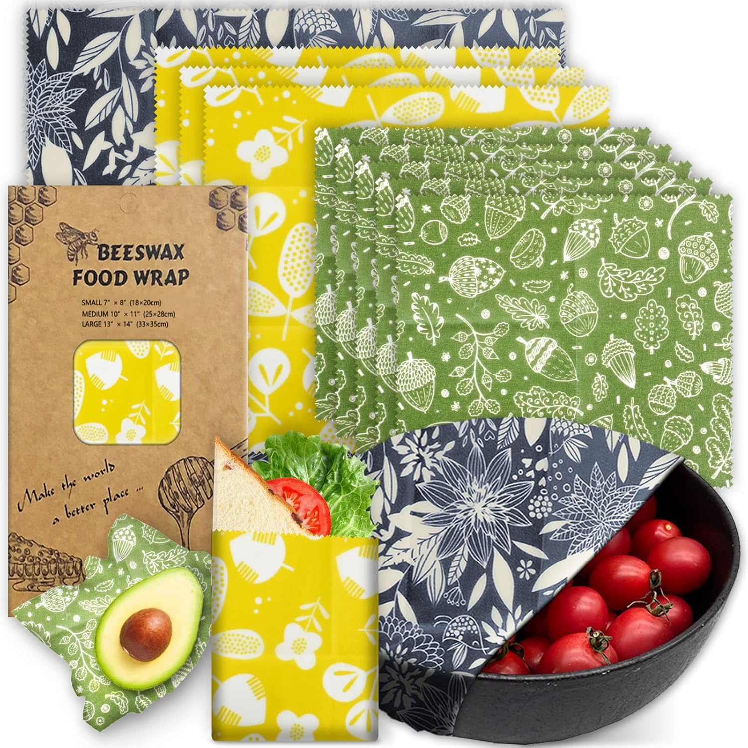 Organic Beeswax Wrap - Reusable Food Wrap Set, 9 Pack - 1L, 5M, 3S ...