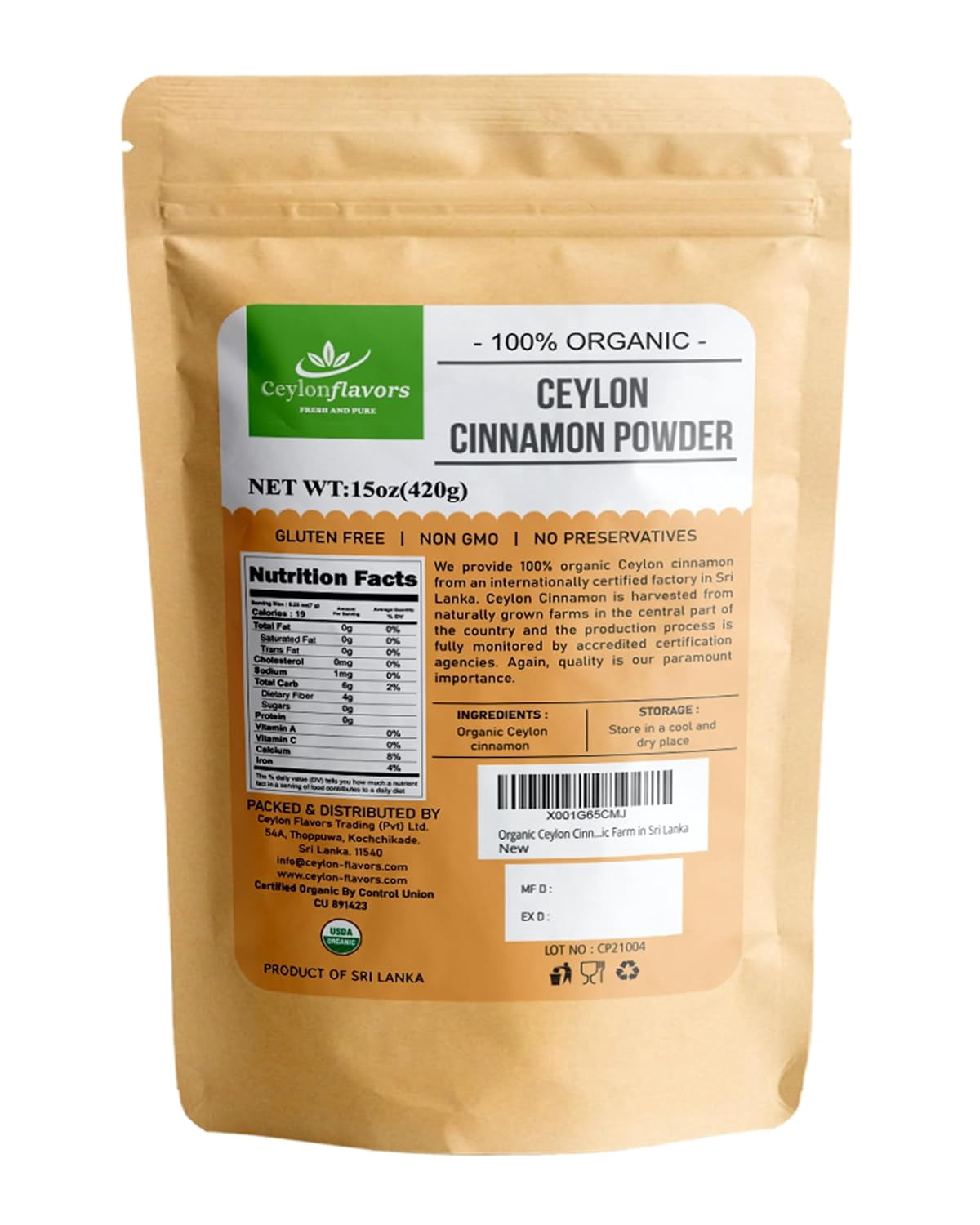 Organic Ceylon Cinnamon Powder, 15 oz, True Cinnamon, Premium Grade ...