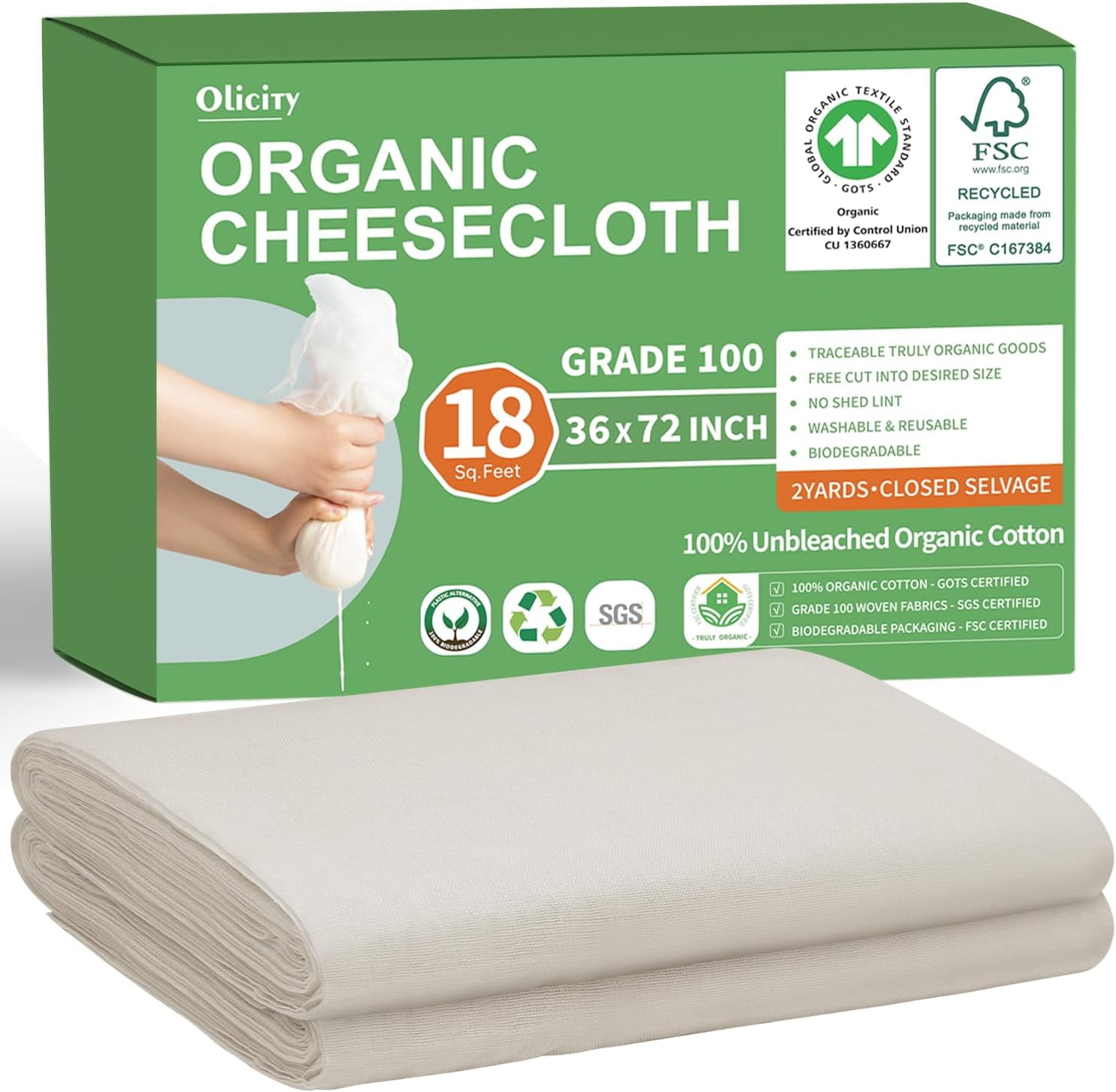 Organic Cheese Cloths, GOTS Certified, Grade 100, 18 Sq Feet,Reusable ...