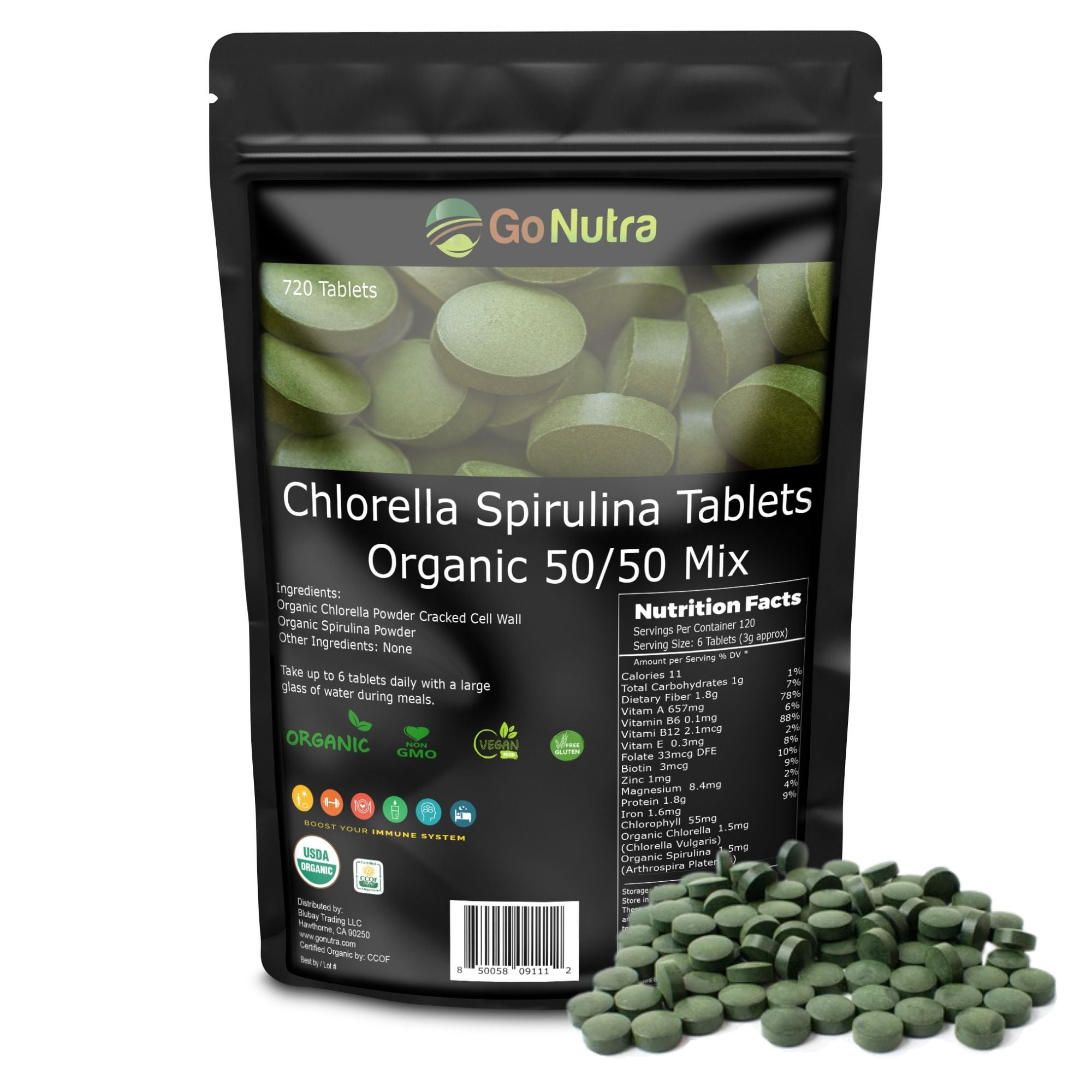 Organic Chlorella & Spirulina Tablets, 50/50 Blend, 500mg Each, 720 ...
