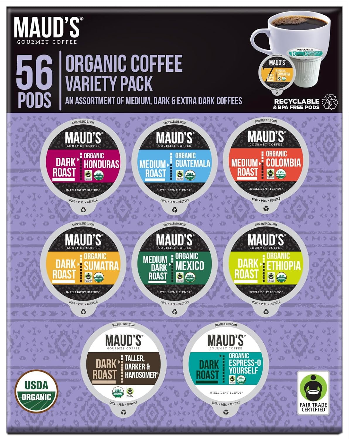 Organic Coffee Pods Variety Pack, 56 Ct | 8 Assorted Coffee Flavors ...