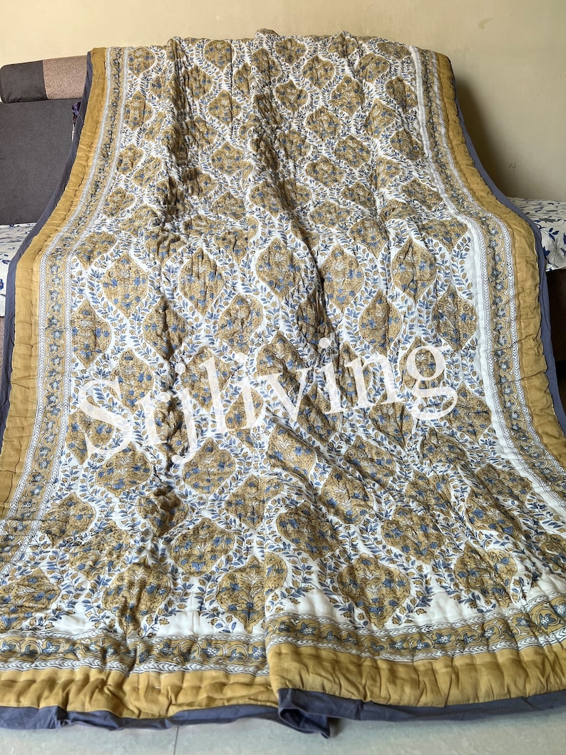 Organic Cotton Handmade Quilted Razai, Floral Block Print Winter Warm ...