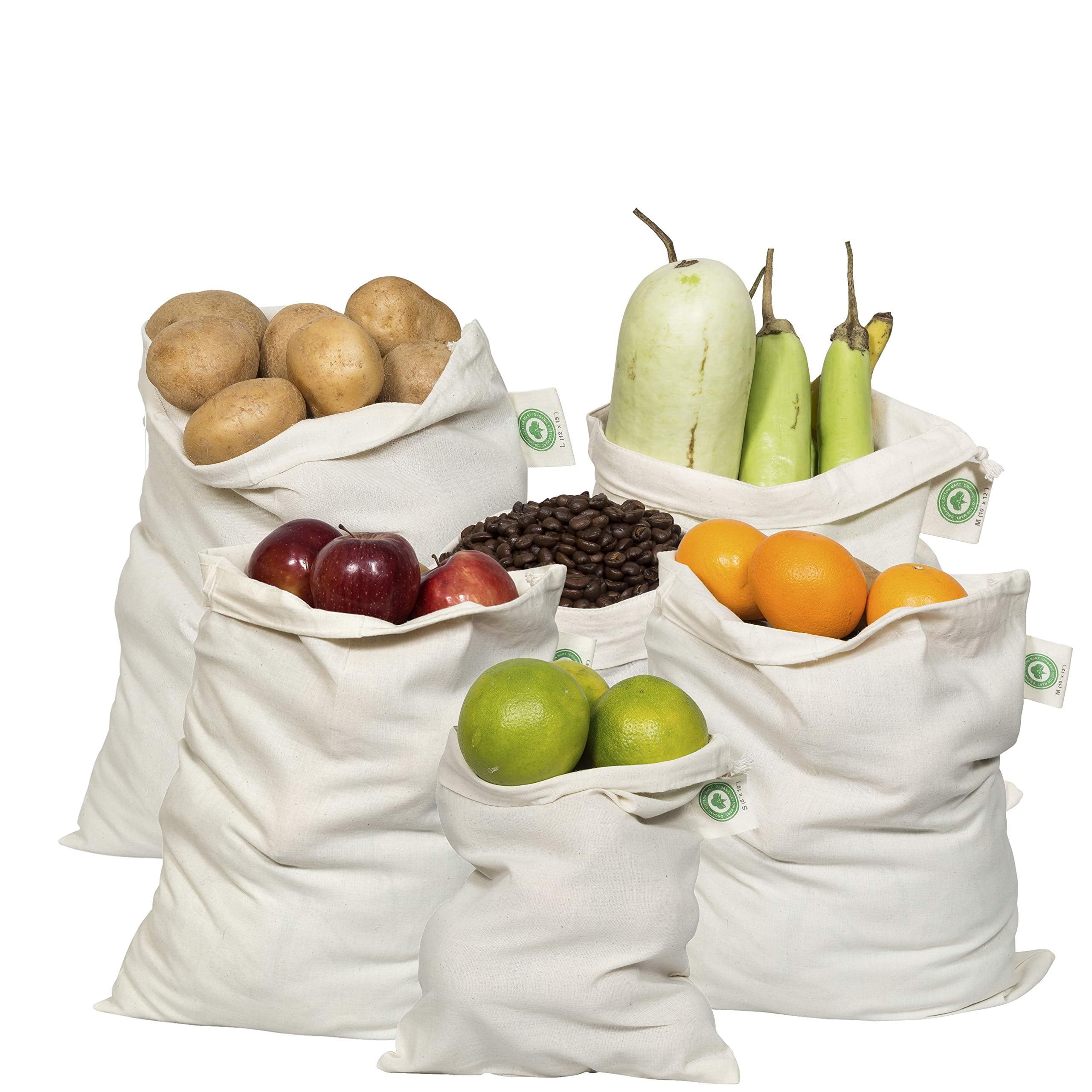 Organic Cotton Reusable Produce Bags with Drawstring, Washable Muslin Cloth Bags for Vegetables ...