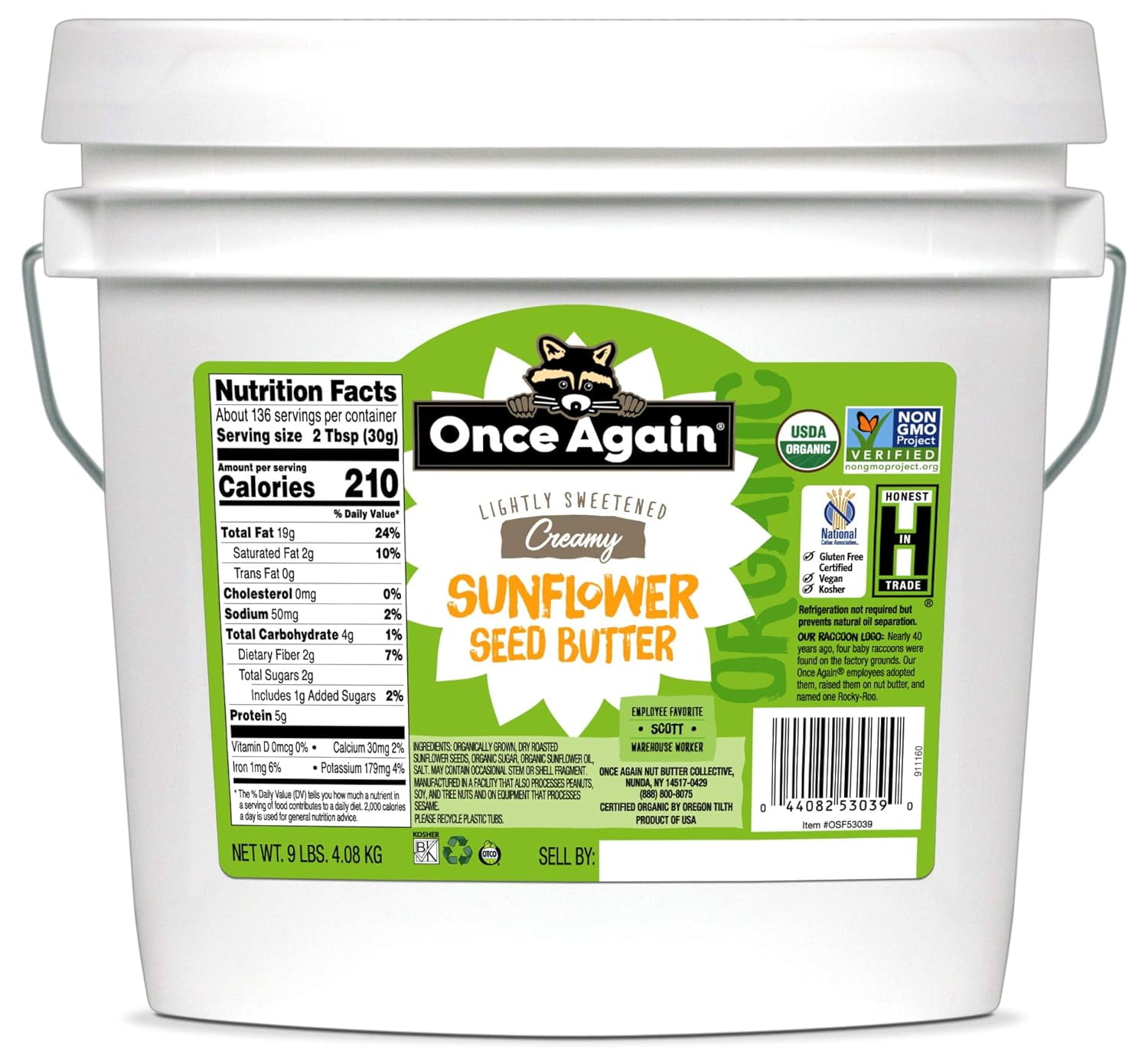 Organic Creamy Sunflower Butter, 9lb Bucket (same as 9 jars) - Lightly ...