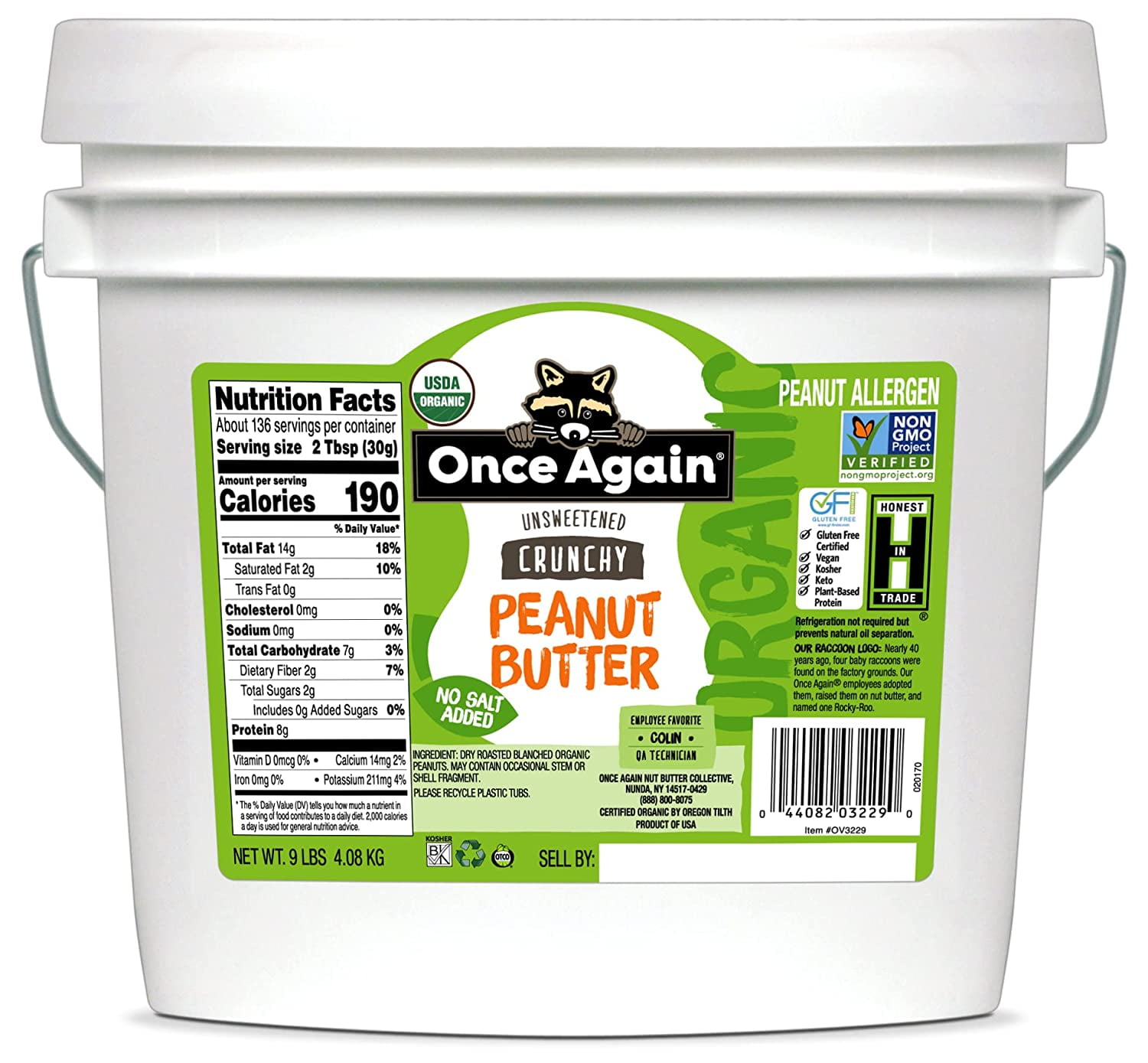 Organic Crunchy Butter, 9lbs (same as 9 jars) - Salt , Unsweetened ...
