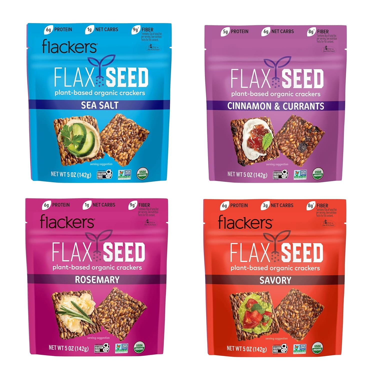 Organic Flax Seed Crackers Variety Pack, Sea Salt, Rosemary, Savory and Cinnamon, Gluten Free ...