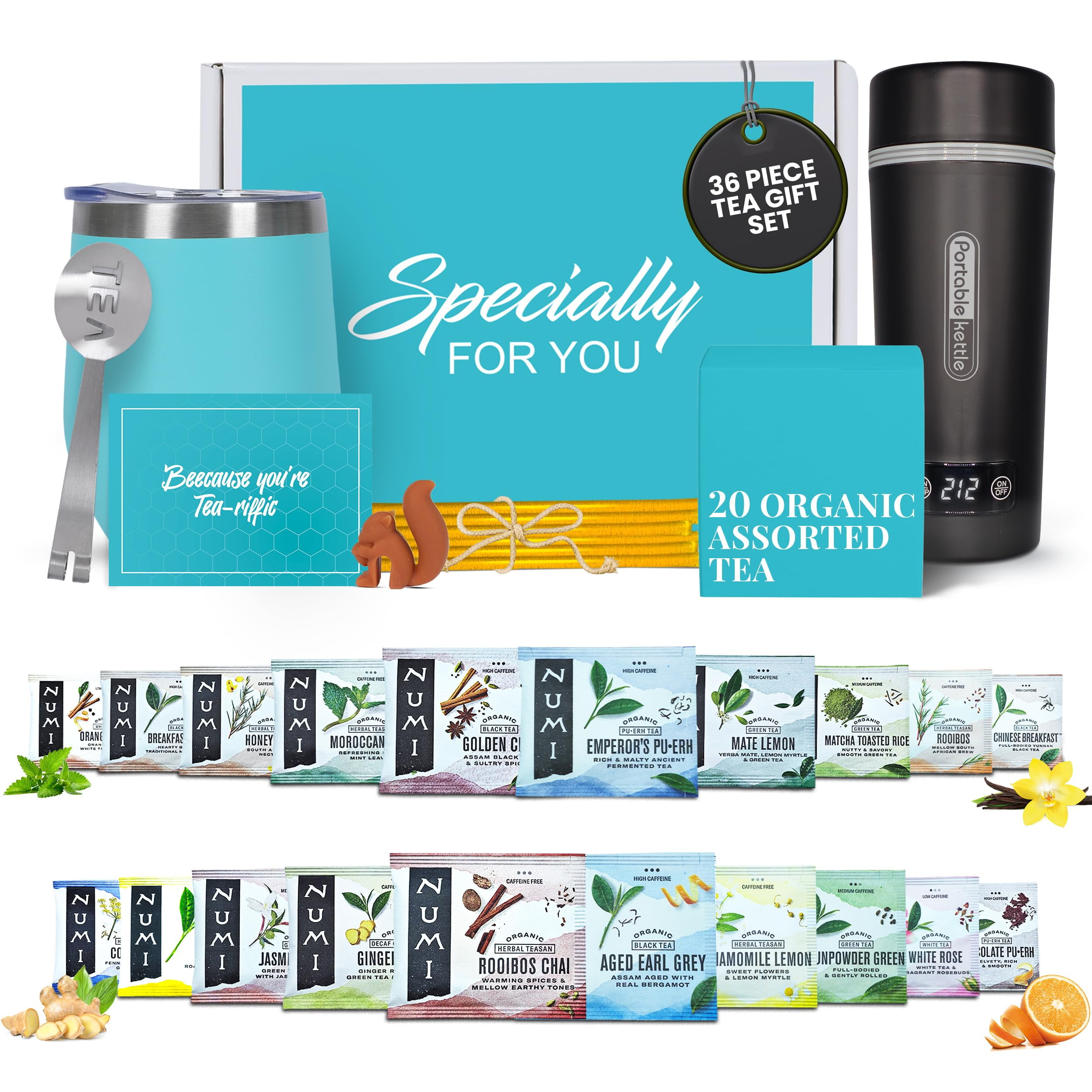 Organic Gift Set with BDF32 Portable Kettle - 36 Piece Gift for Tea Lovers - Includes Insulated ...