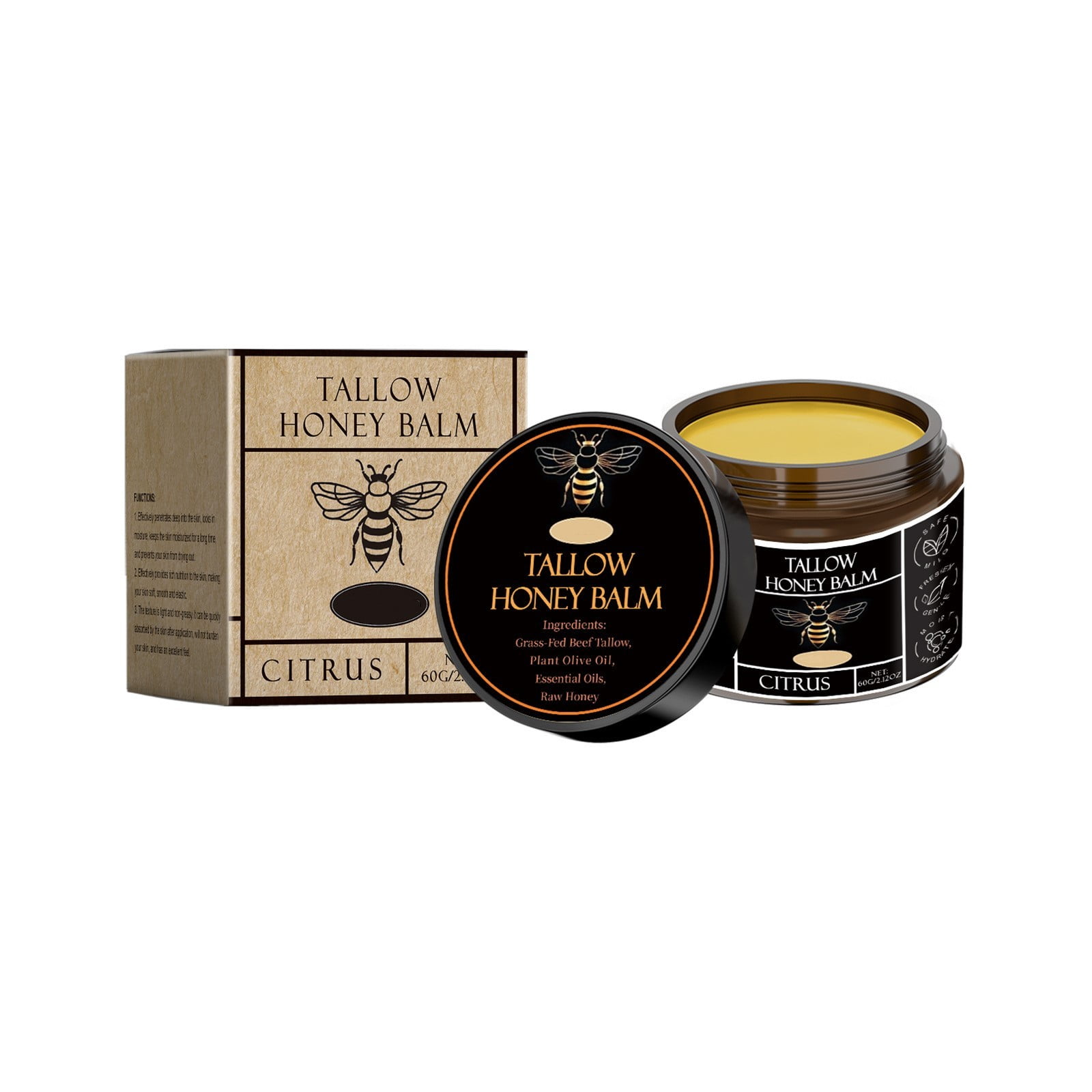 Organic Grass-Fed Beef Tallow Balm Moisturizing Cream with Raw Honey ...