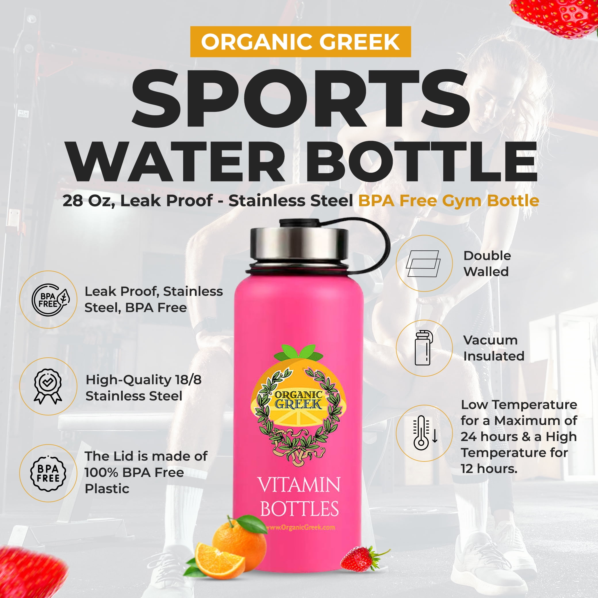 Organic Greek Sports Water Bottle - 28 Oz, Leak Proof - Pink Stainless ...