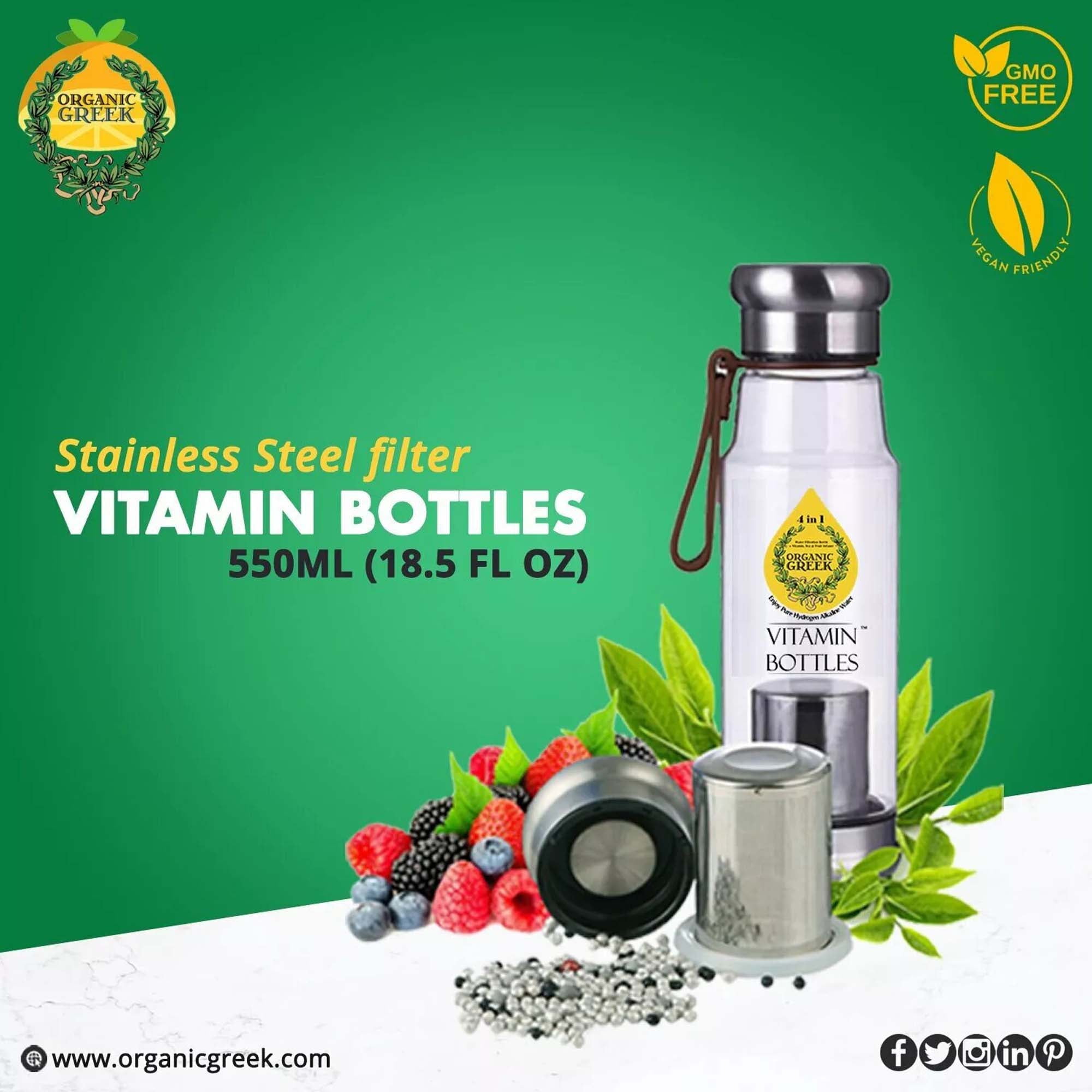 Organic Greek Vitamin Bottles Hydrogen Alkaline Generator Water + Filter 4 in 1, 550 mL ...