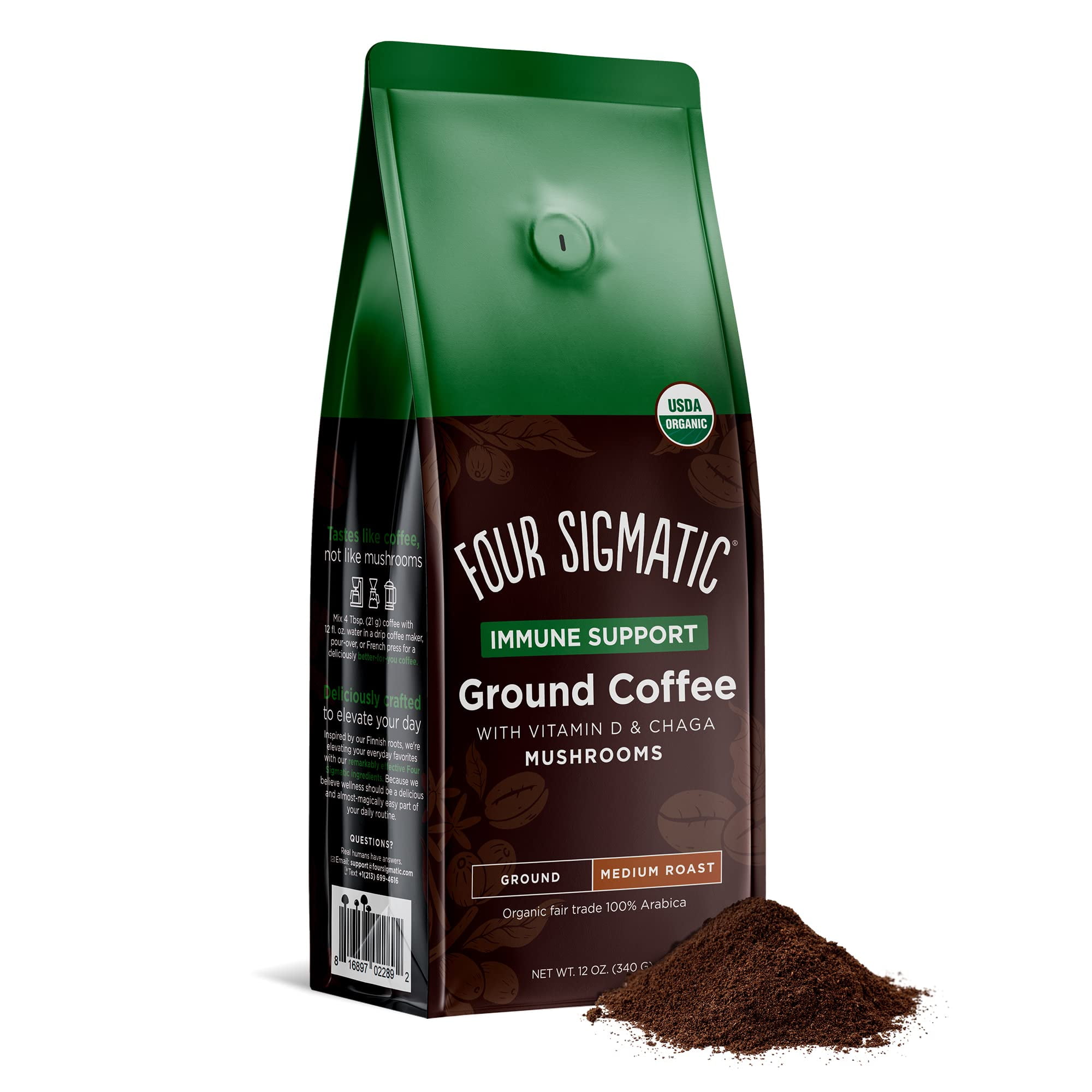 Organic Ground Coffee by Four Sigmatic | Medium Roast | Fair Trade Gourmet Coffee with Vitamin D ...