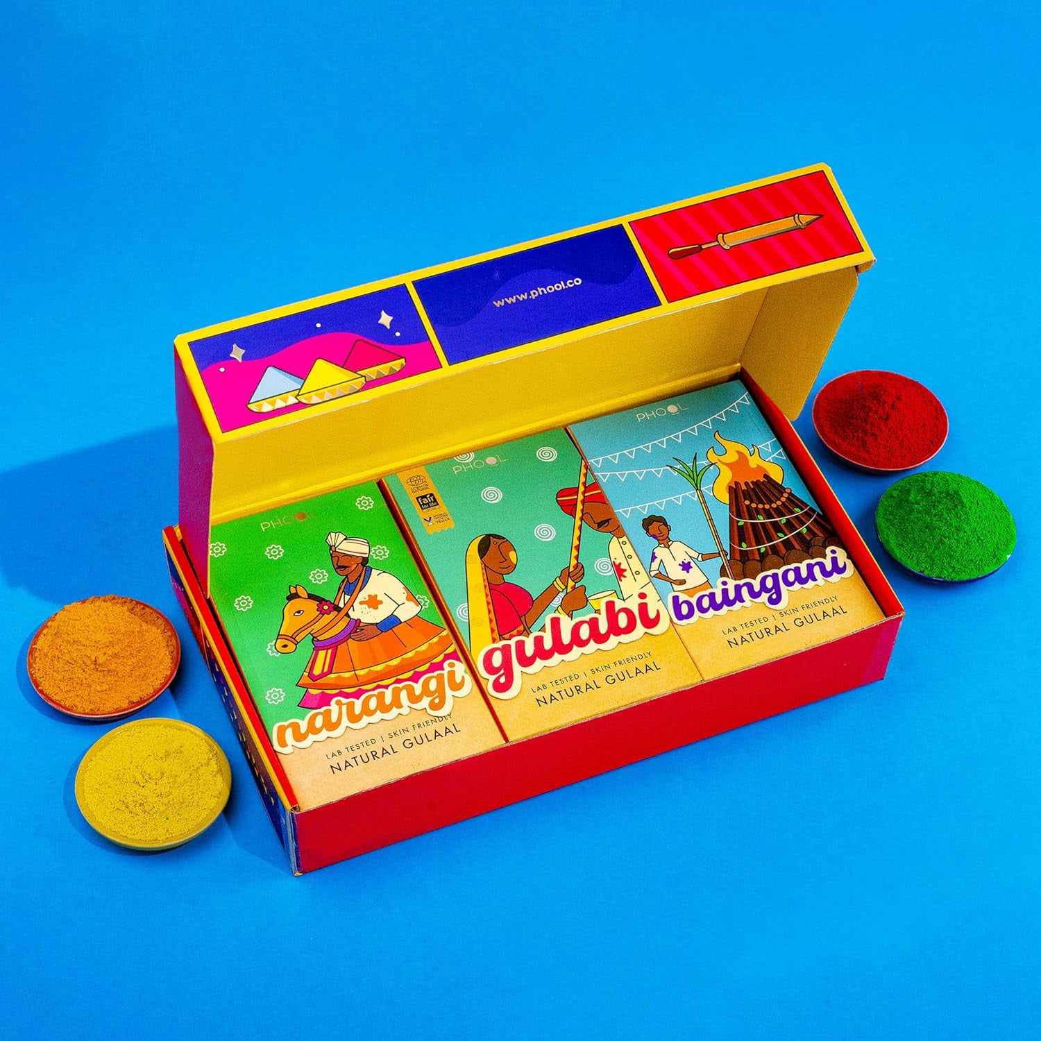 Organic Holi Color Rangeela Gift Box Pack Of 6 X 100gm - Pink, Green, Blue, Yellow, Orange ...