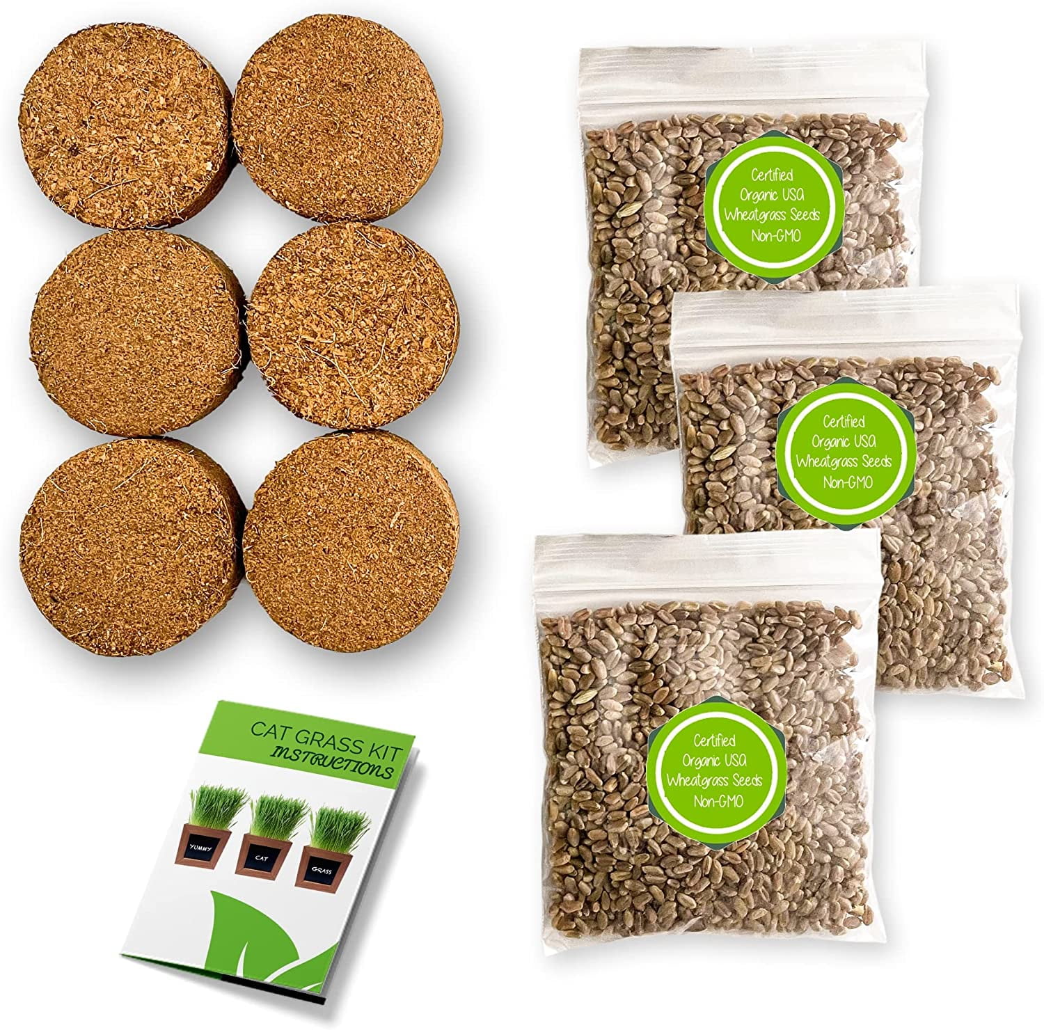 Organic Indoor Cat Grass Kit - 3 Wooden Planters, Certified Seeds, and ...