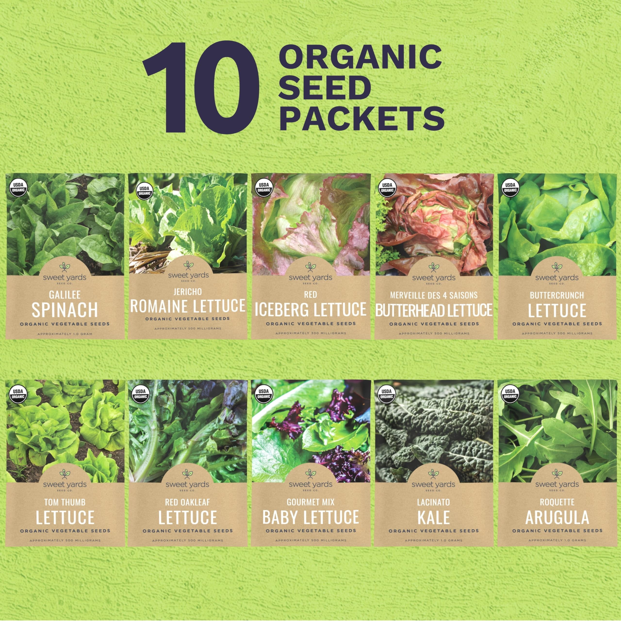 Organic Lettuce & FEV6 Greens Seeds Variety Pack - 10 Individual Packs ...