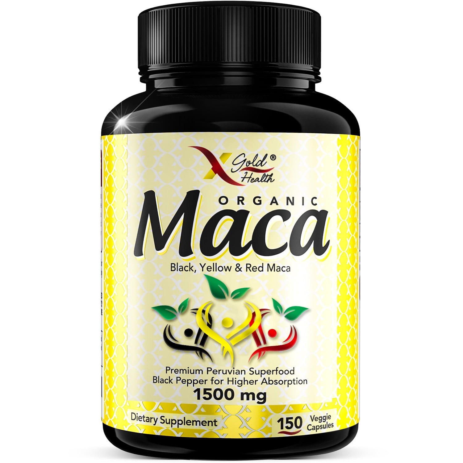 X Gold Health Organic Maca Root Powder Capsules - Extra Strength 1500mg, Vegan Pills w/Black ...