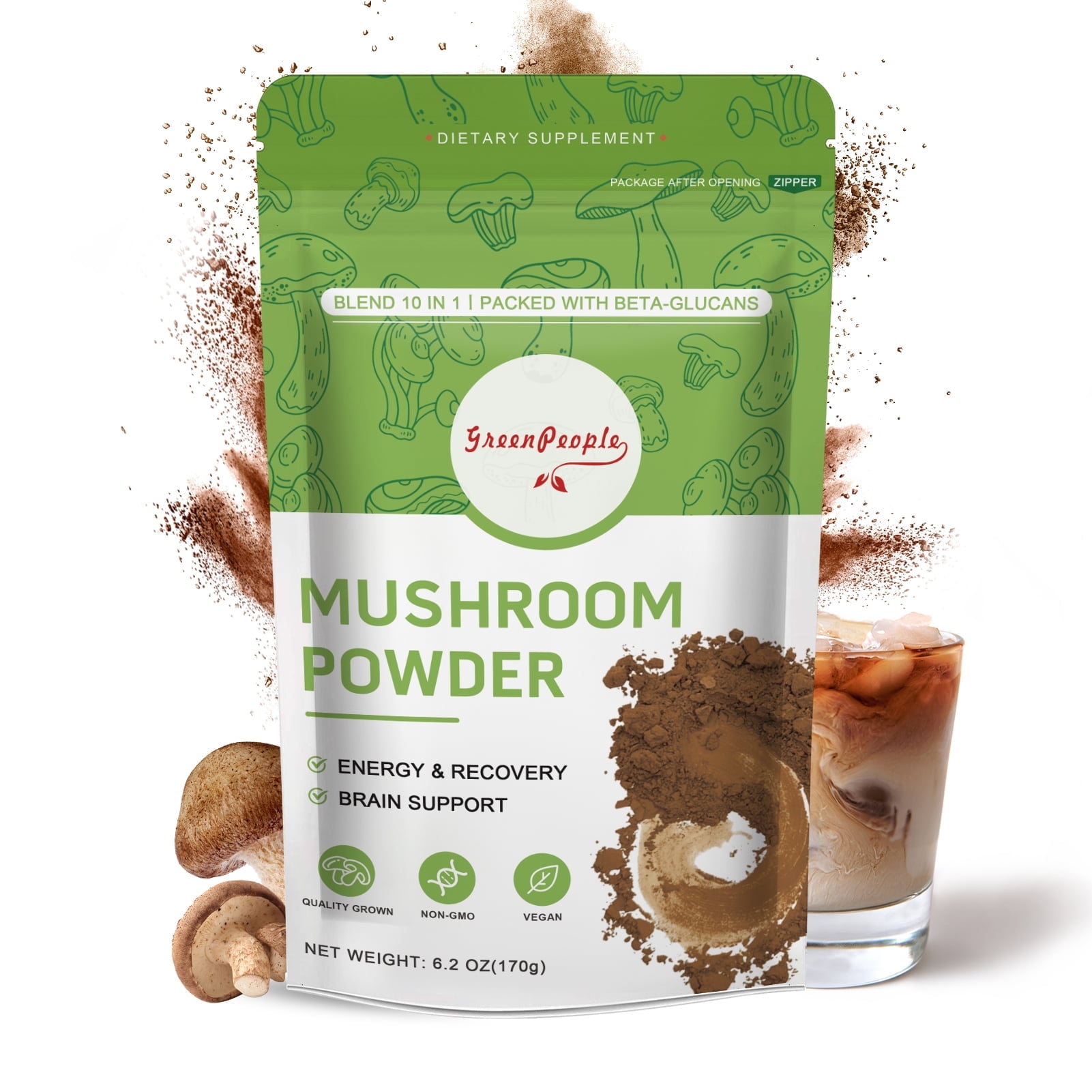 Organic Mega Mushroom 10 in 1 Complex Formula Powder for Immune System Booster, Chaga, Lions ...