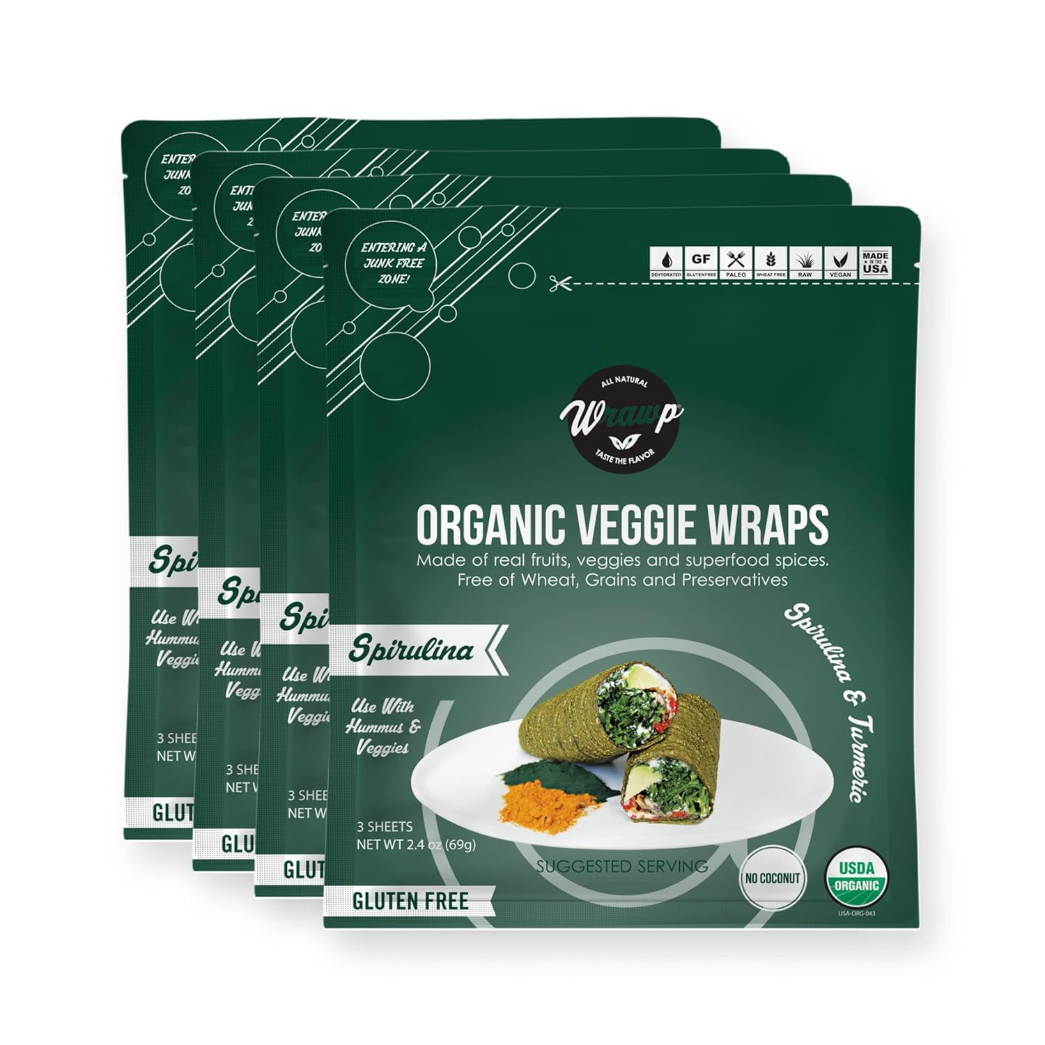 Organic Veggie Wraps - SPIRULINA (4 pack) SHELF STABLE, All Natural ...