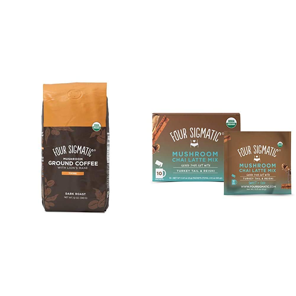 Organic Mushroom Ground Coffee by with Chai Latte Mix (10 Count) | Dark ...