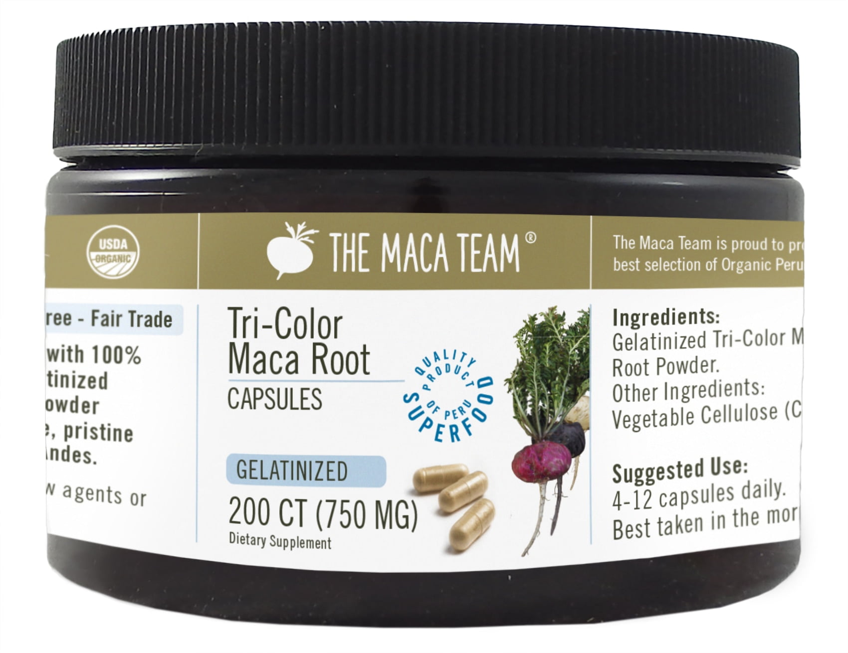 Organic Premium Gelatinized Tri-Color Maca Capsules - Vegan - 750 mg ...