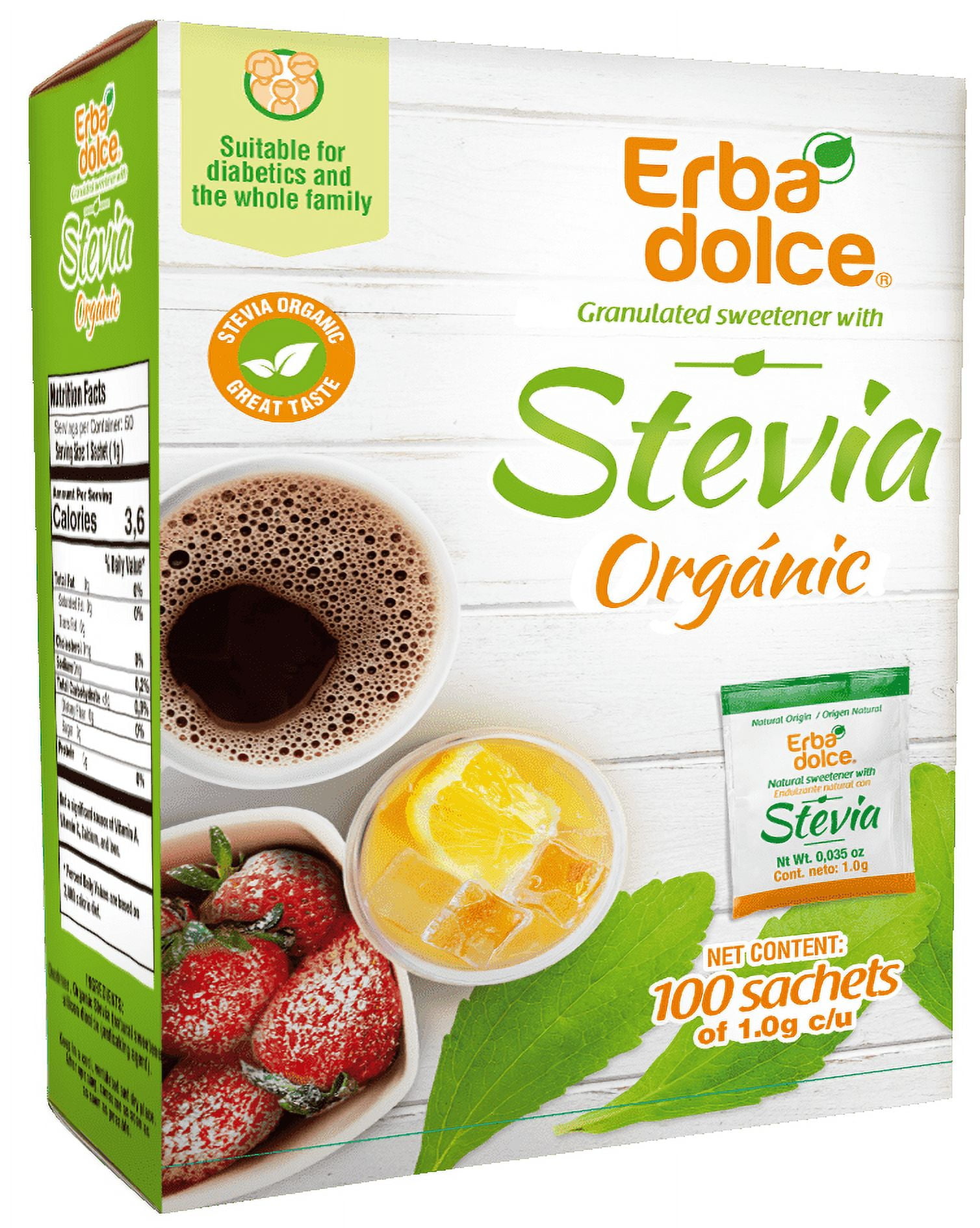 Erba Dolce Organic Stevia Box 100 sachets x 0.035 oz - Walmart.com