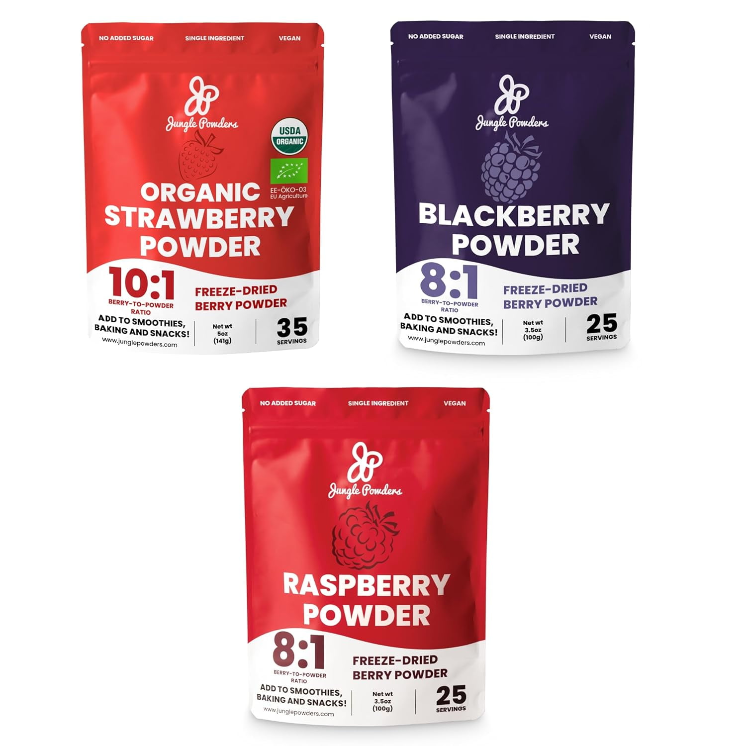 Organic Strawberry Powder 5oz, Raspberry Powder 3.5oz, & Blackberry ...