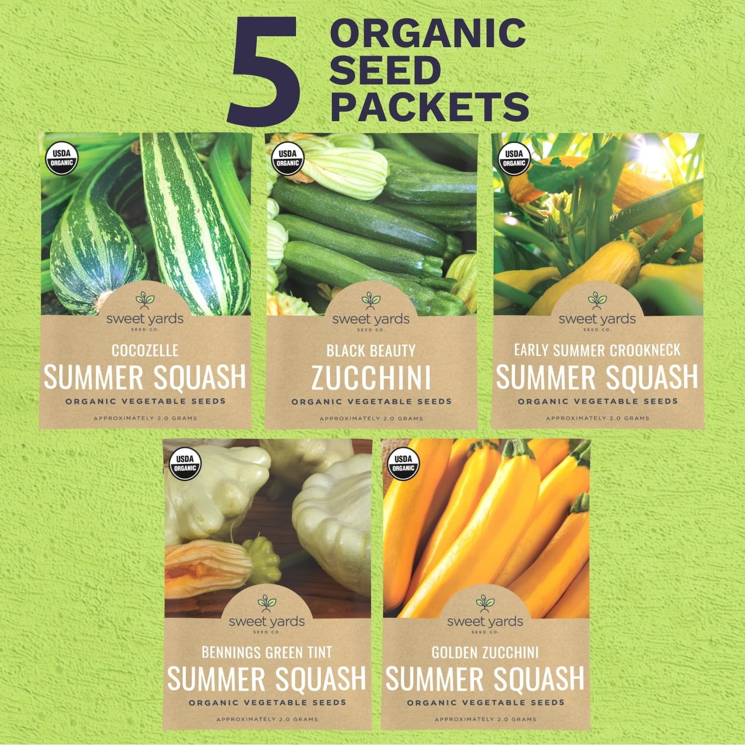 Organic Summer Squash AJH3 Seeds Variety Pack - 5 Individual Packs ...