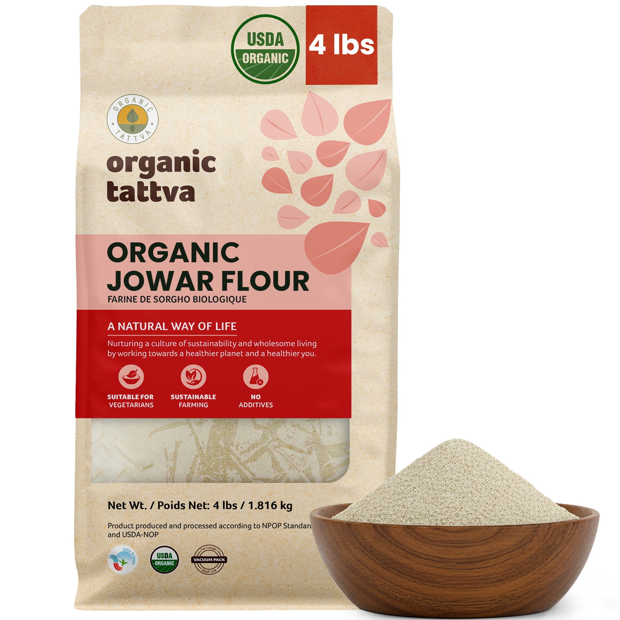 Organic Tattva Jowar Flour 4LB, Sorghum Flour, Vegan, Kosher, No ...