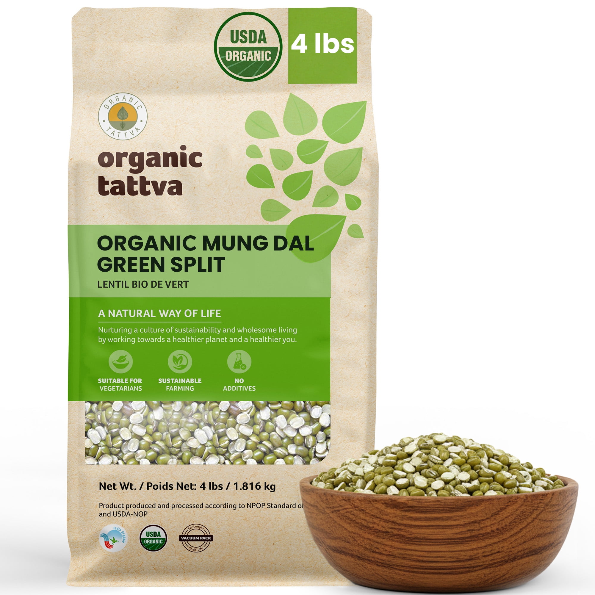 Organic Tattva Moong Dal 4LB, Split Mung Beans Green Lentils, Vegan ...