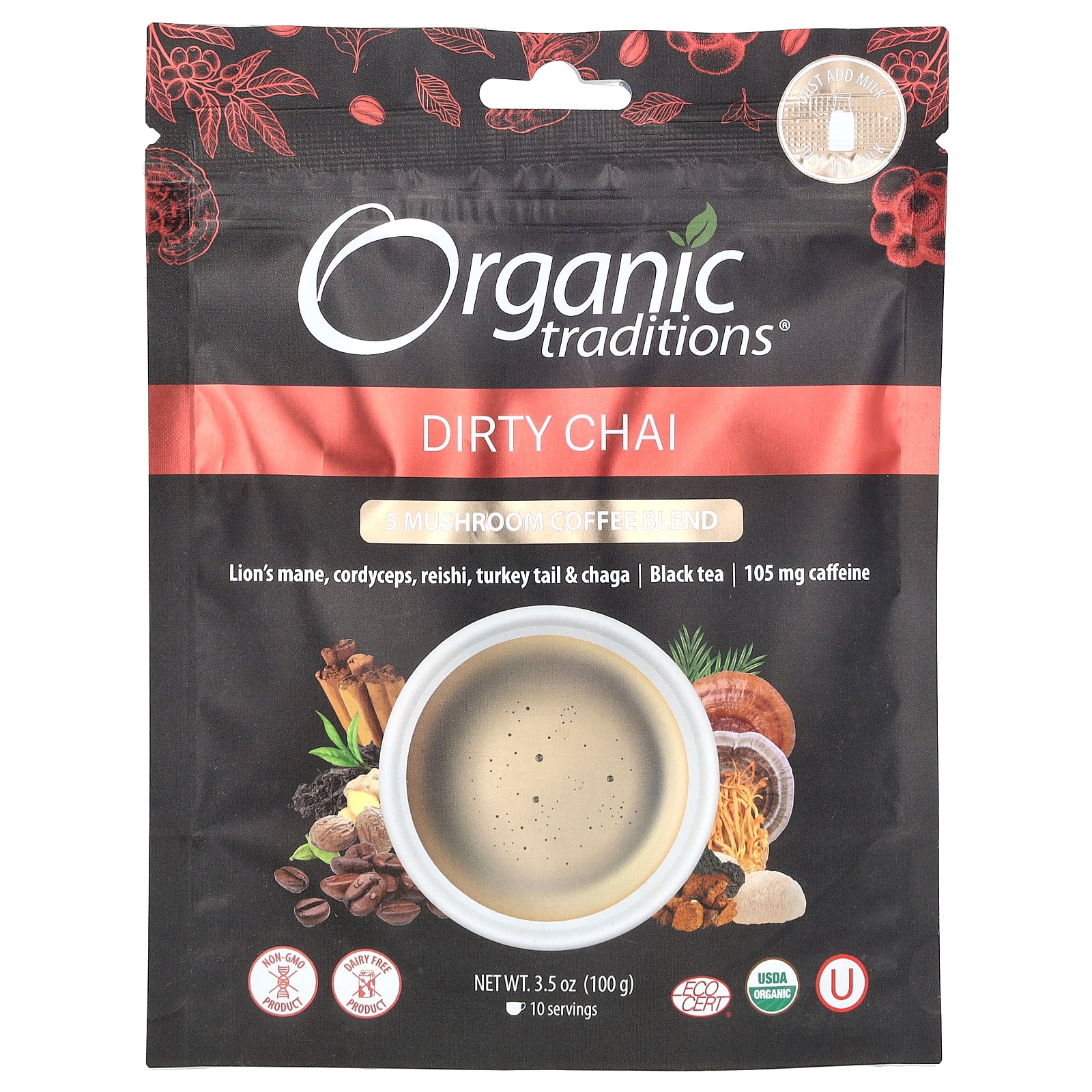 Organic Traditions 5 Mushroom Coffee Blend, Dirty Chai, 3.5 oz (100 g) - Walmart Business Supplies