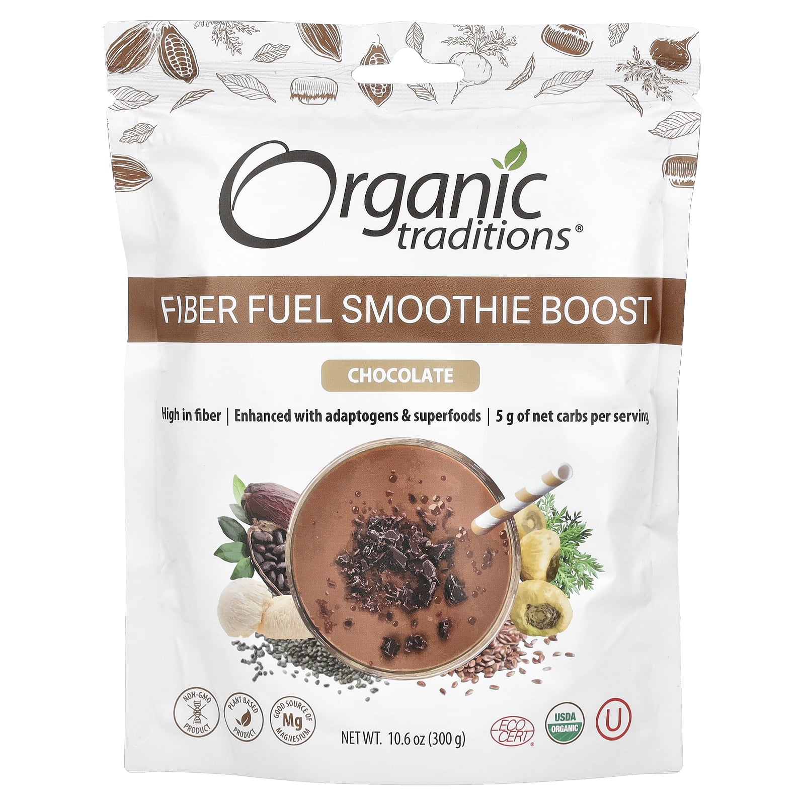 Organic Traditions Fiber Fuel Smoothie Boost, Chocolate, 10.6 oz (300 g ...