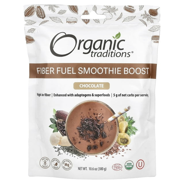 Organic Traditions Fiber Fuel Smoothie Boost, Chocolate, 10.6 oz (300 g ...